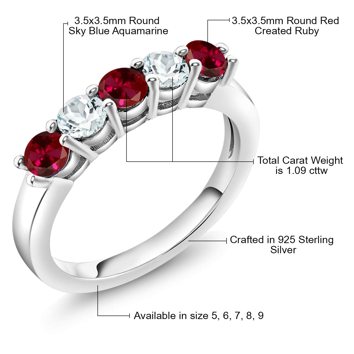 Gem Stone King 925 Sterling Silver Red Created Ruby and Sky Blue Aquamarine 5-Stone Wedding Anniversary Band Ring For Women (1.09 Cttw, Gemstone July Birthstone, Available In Size 5, 6, 7, 8, 9)