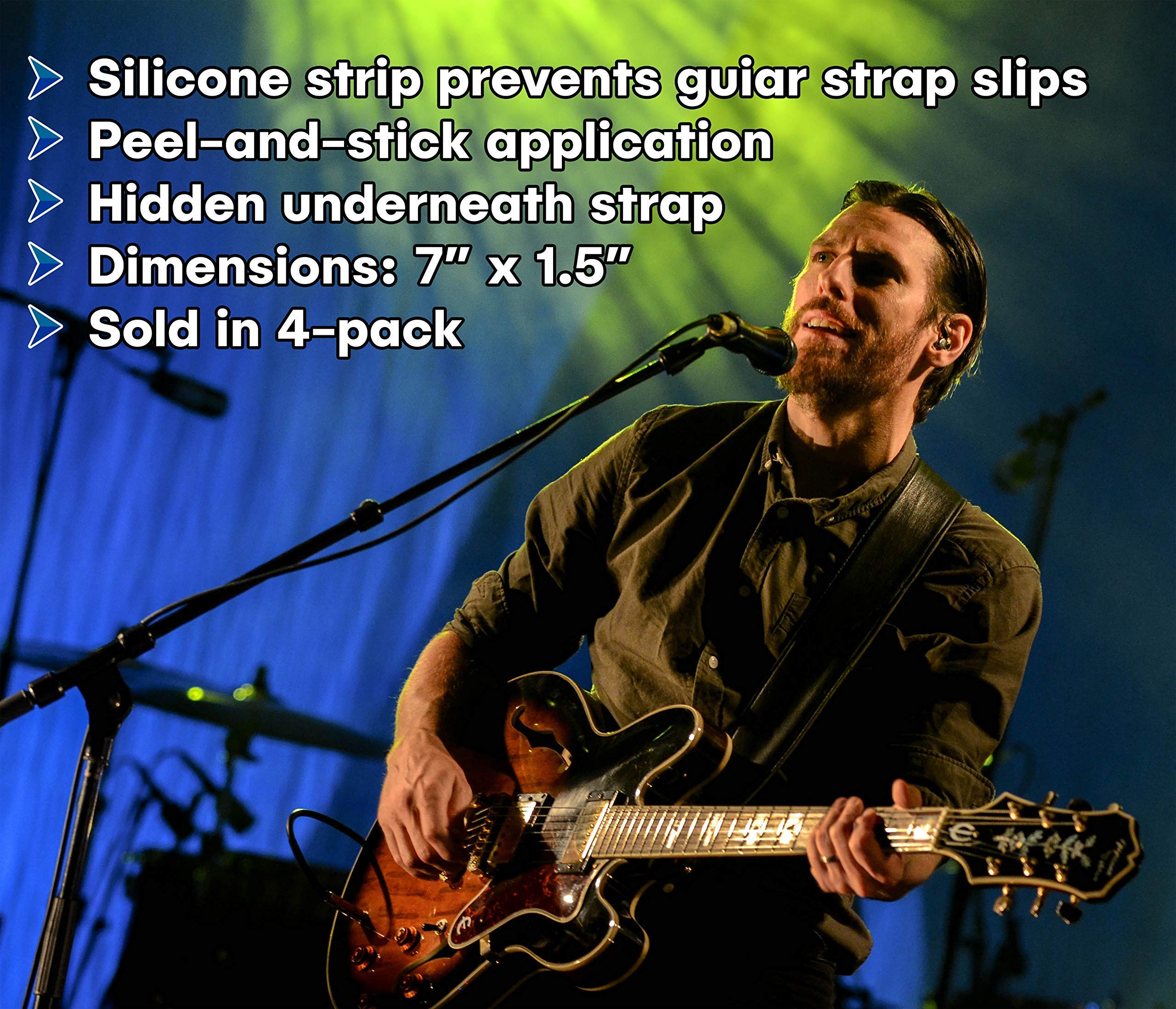 Guitar Gummy™ The ORIGINAL Guitar Strap Non Slip Grip Strip Pad; Prevent Neck Dive - SET of 4 PIECES; Large Black (Black)