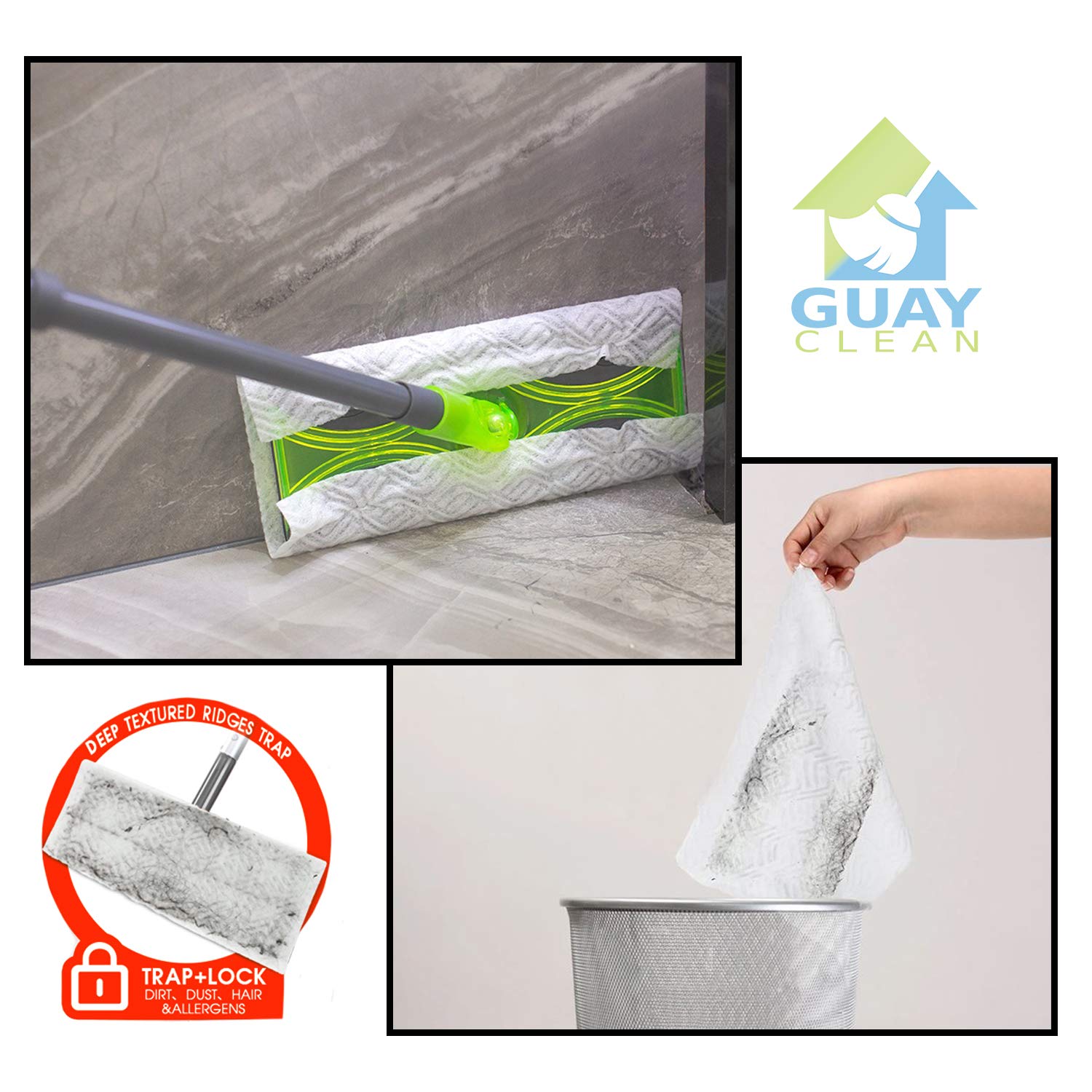 Guay Clean Flat Floor Mop Sweeper Cleaning Kit for Pads and Cloth with Telescopic Pole - Includes 10 Wet and 20 Dry Mop Pad Refills Disposable - Green