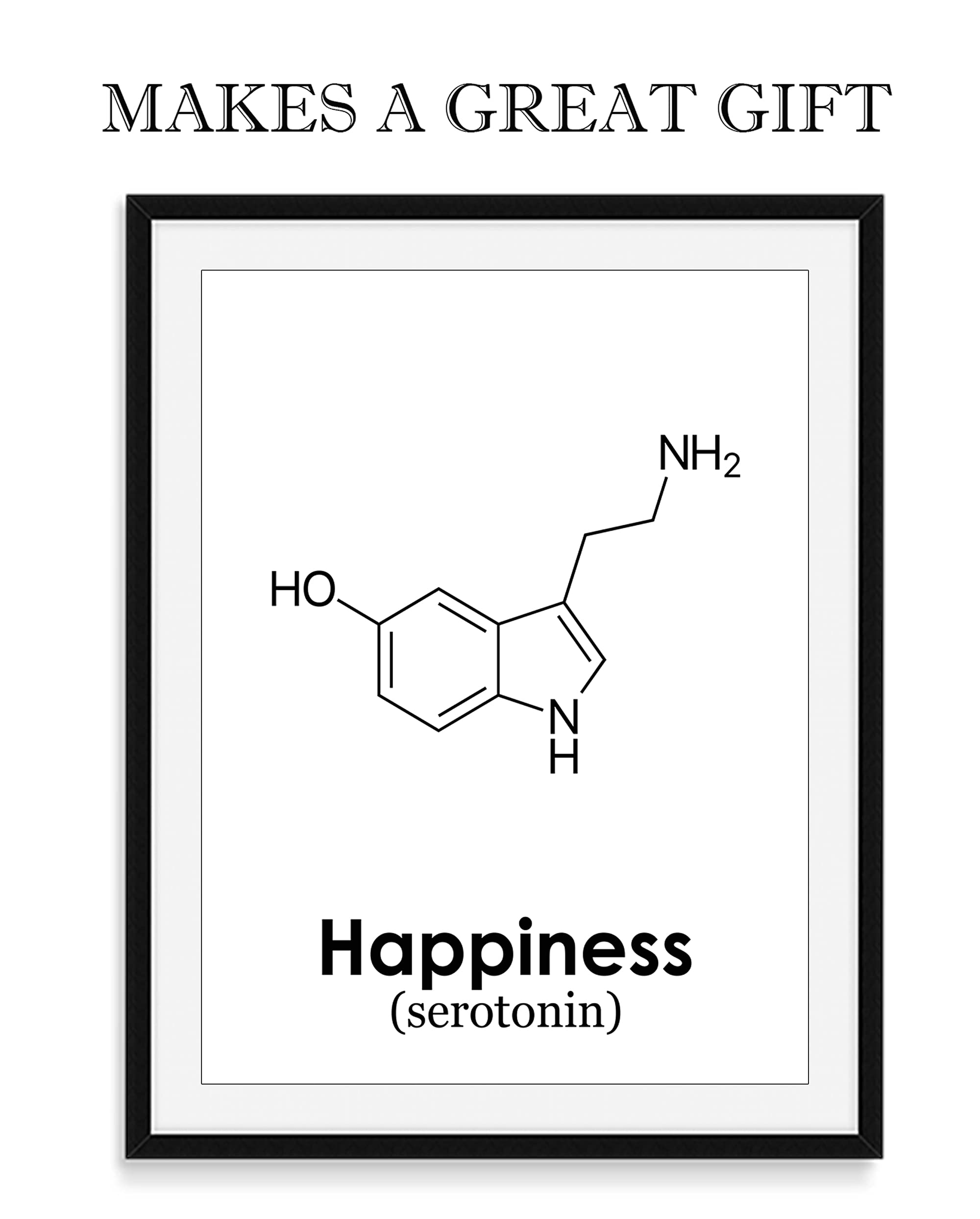 Happiness Serotonin Molecule Wall Art 11x14 Unframed Art Print Poster Black on White for Office, Classroom, Science Laboratory or Home Décor. Great Gift For Scientists, Chemists, Geeks and Nerds