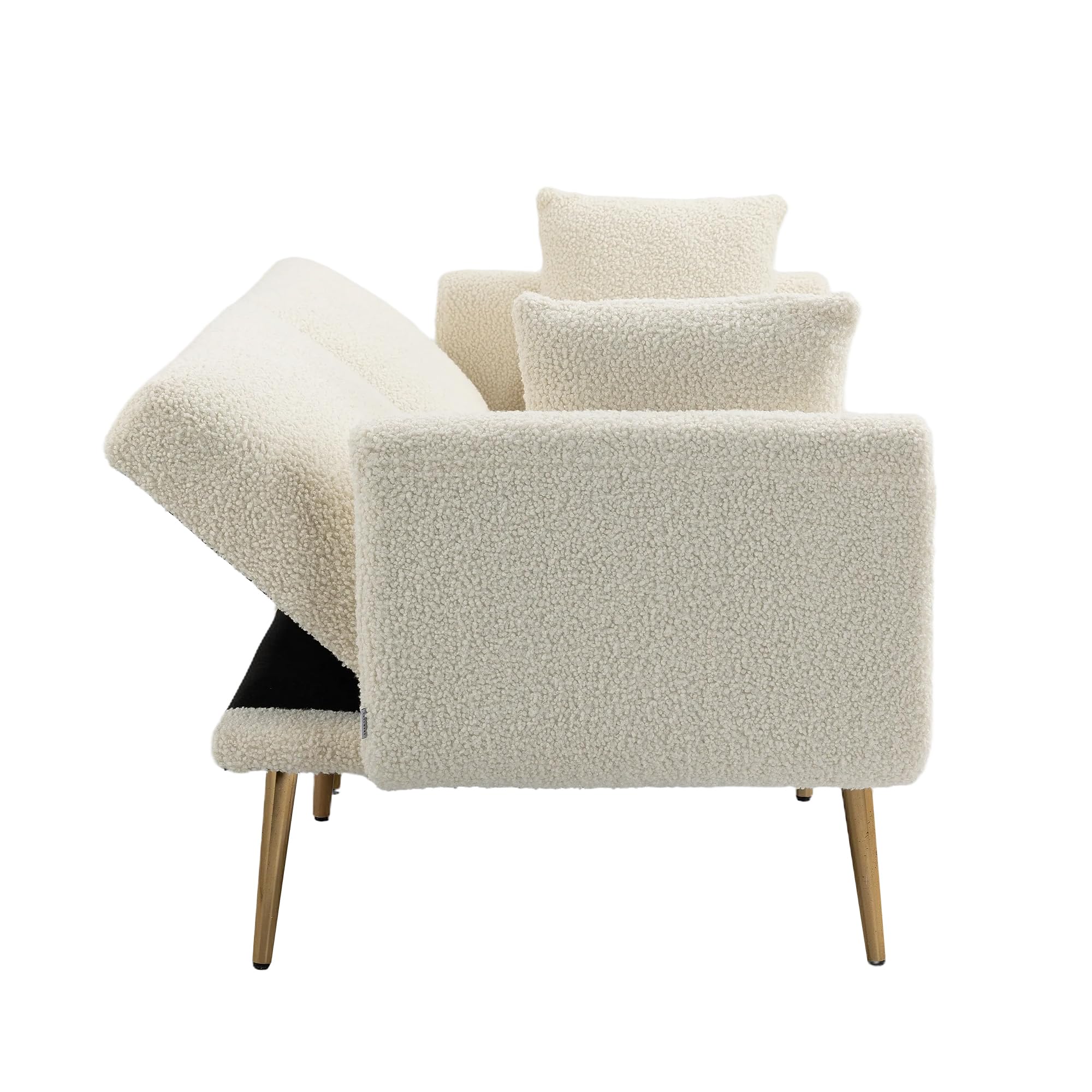 SZLIZCCC Accent Sofa, Mid Century Modern Teddy Velvet Fabric Couch, Convertible Futon Sofa Bed ,Recliner Couch Accent Sofa Loveseat Sofa with Gold Metal Feet (White Teddy)