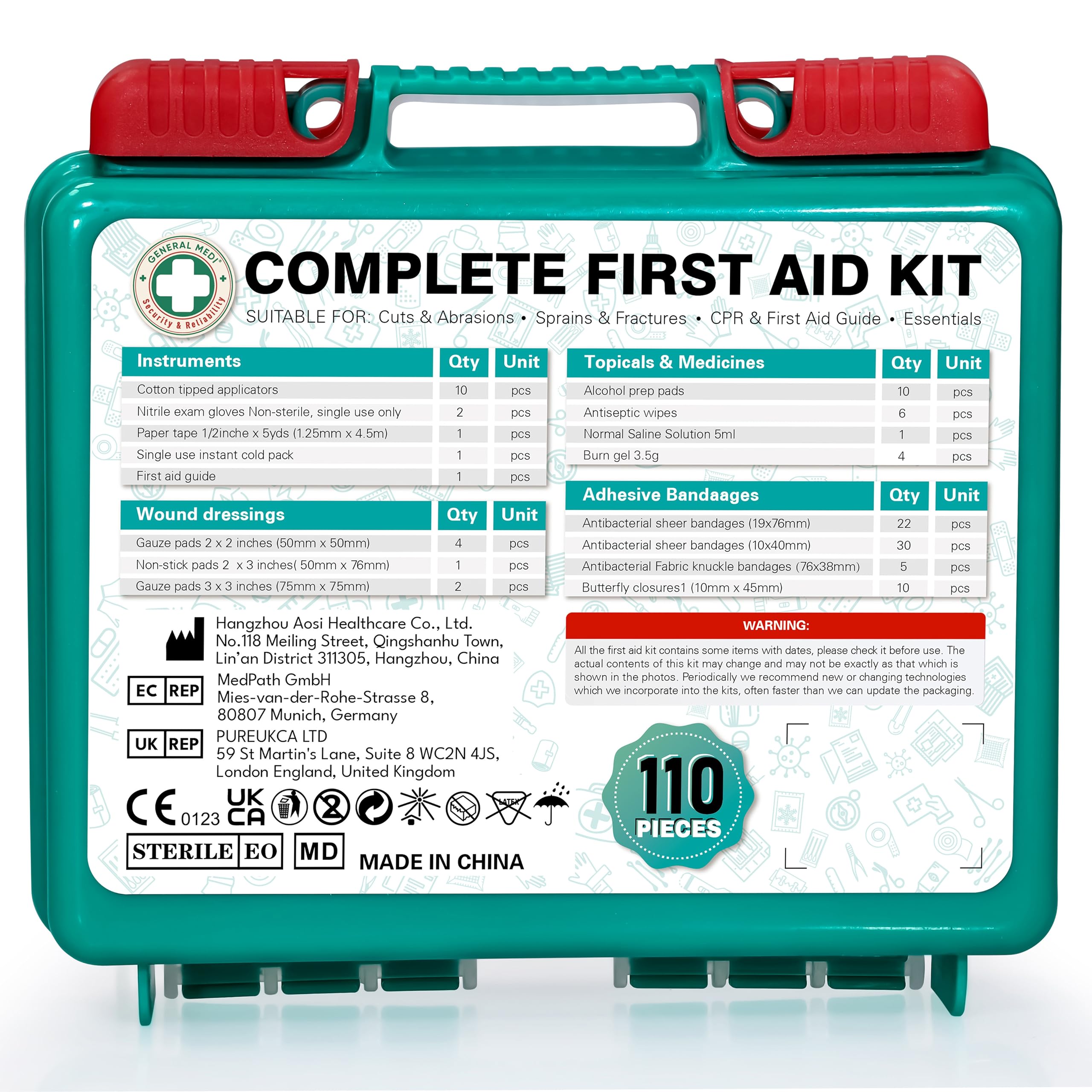 General Medi 110 Pieces Small First Aid Kit - HardCase First Aid Box - Contains Premium Medical Supplies for Travel, Home, Office, Vehicle, Camping, Workplace & Outdoor