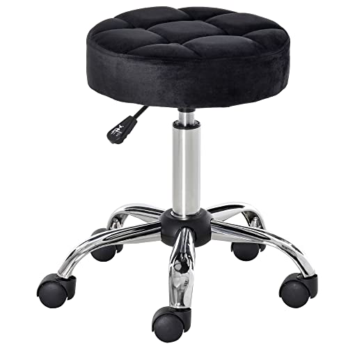 HOMCOM Round Rolling Stool with Height Adjustable Lift, Vanity Chair with Luxury Style Upholstery, Office Chair with Swivel Seat and Wheels for Work Spa Salon, Black