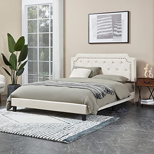 SunsGrove Queen Bed Frame, Velvet Upholstered Platform Bed with Curved Button Tufted Headboard with Nailhead Trim, Solid Wooden Slats Support, No Box Spring Needed, Beige