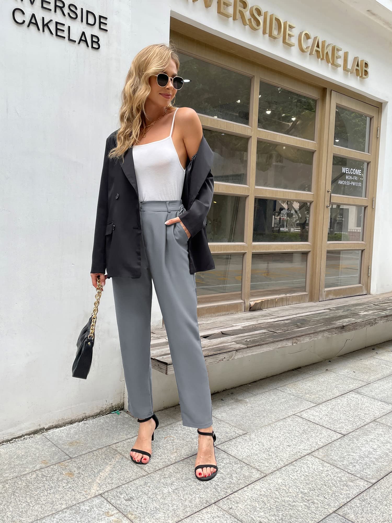 GRACE KARIN Women Casual Work Pants with Pockets Elastic Waist Pants Blue Grey M