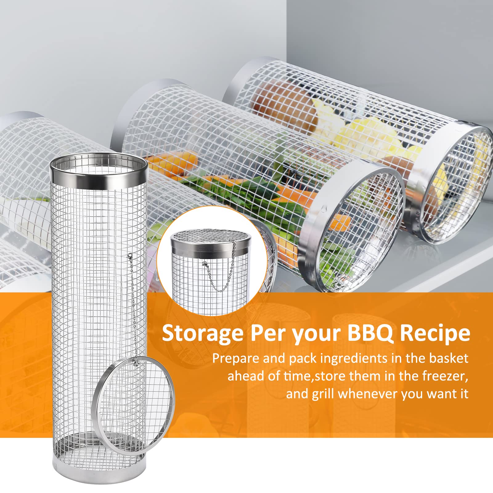 Grill Basket 2 PCS, BBQ Grill Basket, Rolling Grilling Basket, Stainless Steel Grill Mesh Barbeque Grill Accessories, Portable Grill Baskets for Outdoor Grill for Fish, Shrimp, Meat, Vegetables, Fries