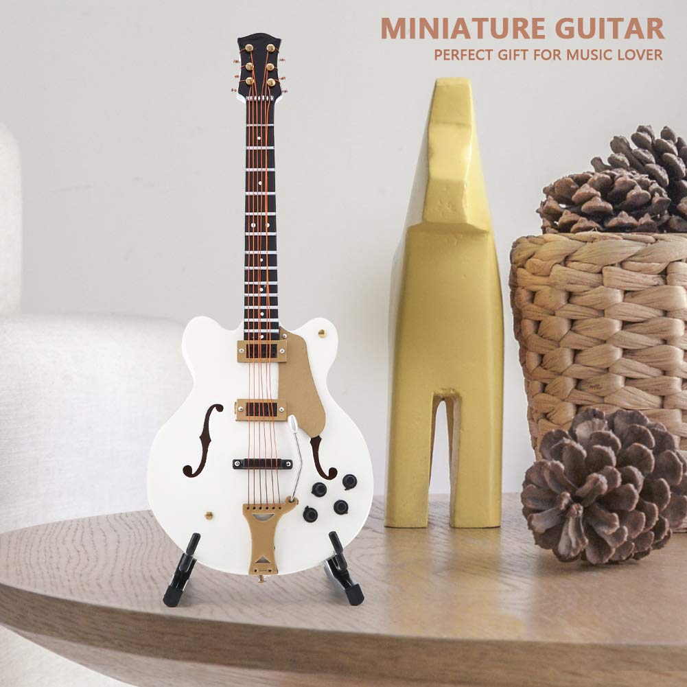 Hilitand White Miniature Guitar, 7in Instrument Model, with Adjustable AFrame Stand, Mini Musical Instrument, Electric Guitar Ornaments, Christmas/Birthday Gift