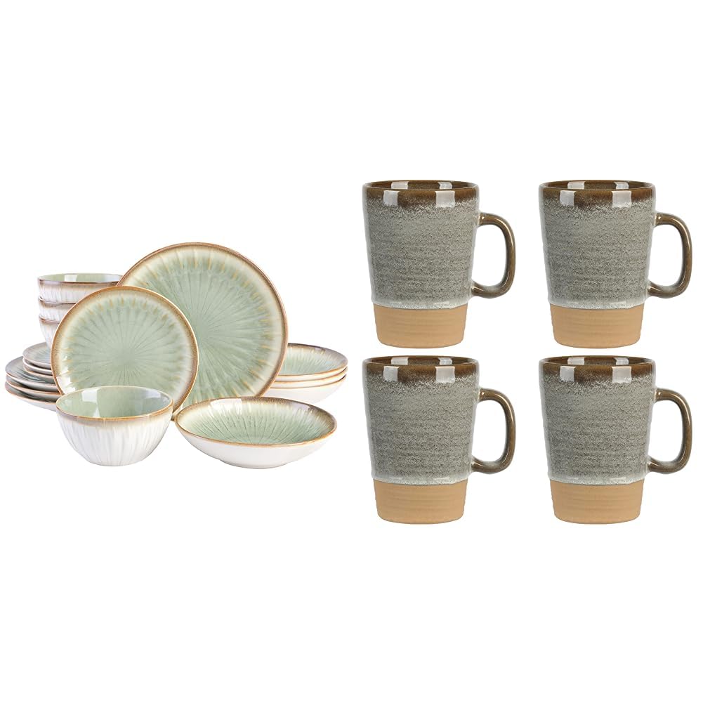 Gibson Elite Mayfair Bay Embossed Double Bowl Dinnerware Set, Service for 4 (16pcs), Green and Gibson Elite 4 Pack Dreamweaver Terracotta Reactive 17 OZ Mug Set - Earthy Brown