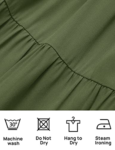 ZESICA Women's 2023 Summer Square Neck Short Puff Sleeve Solid Color High Waist Casual Smocked Flowy A Line Tiered Midi Dress,ArmyGreen,Small