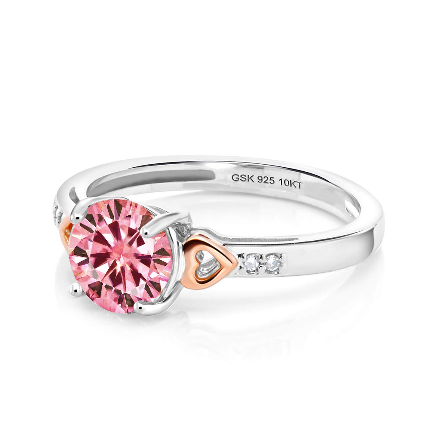 Gem Stone King 925 Silver and 10K Rose Gold Pink Moissanite and White Diamond Solitaire Engagement Ring For Women (1.03 Cttw, Round 6.5MM, Gemstone Birthstone, Size 6)