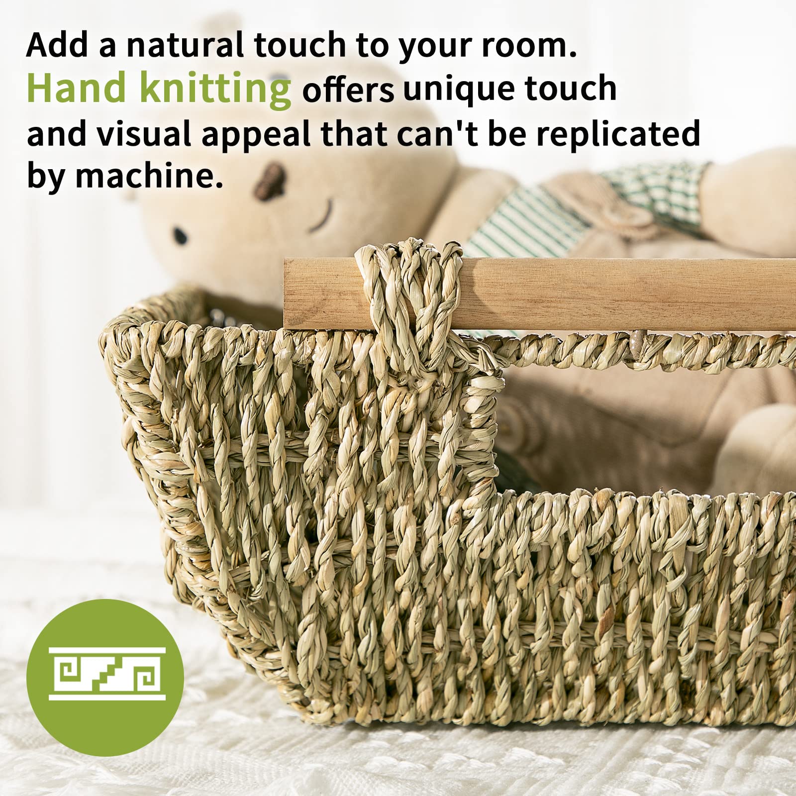 Kenvc Small Wicker Baskets, Seagrass Baskets Set of 3(11/''+13/''+15/''),Wicker Baskets for Storage, Wicker Storage Basket, Seagrass Storage Baskets with Wooden Handles, Natural (Seagrass)
