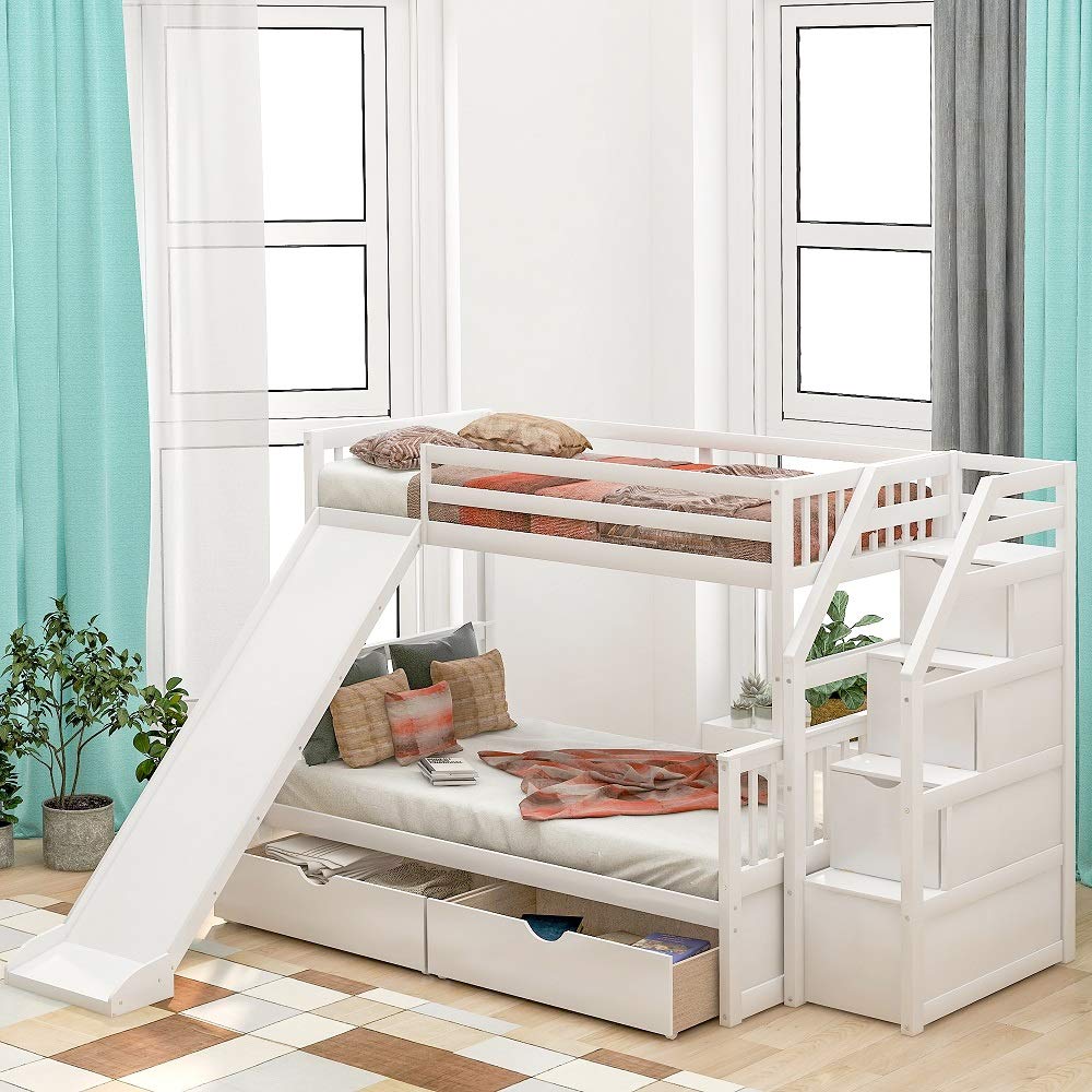 Harper & Bright Designs Twin Over Full Bunk Beds, Storage Low Bunk Beds with Slide and Staircase, No Box Spring Needed (Low Bunk Beds Twin Over Full White)