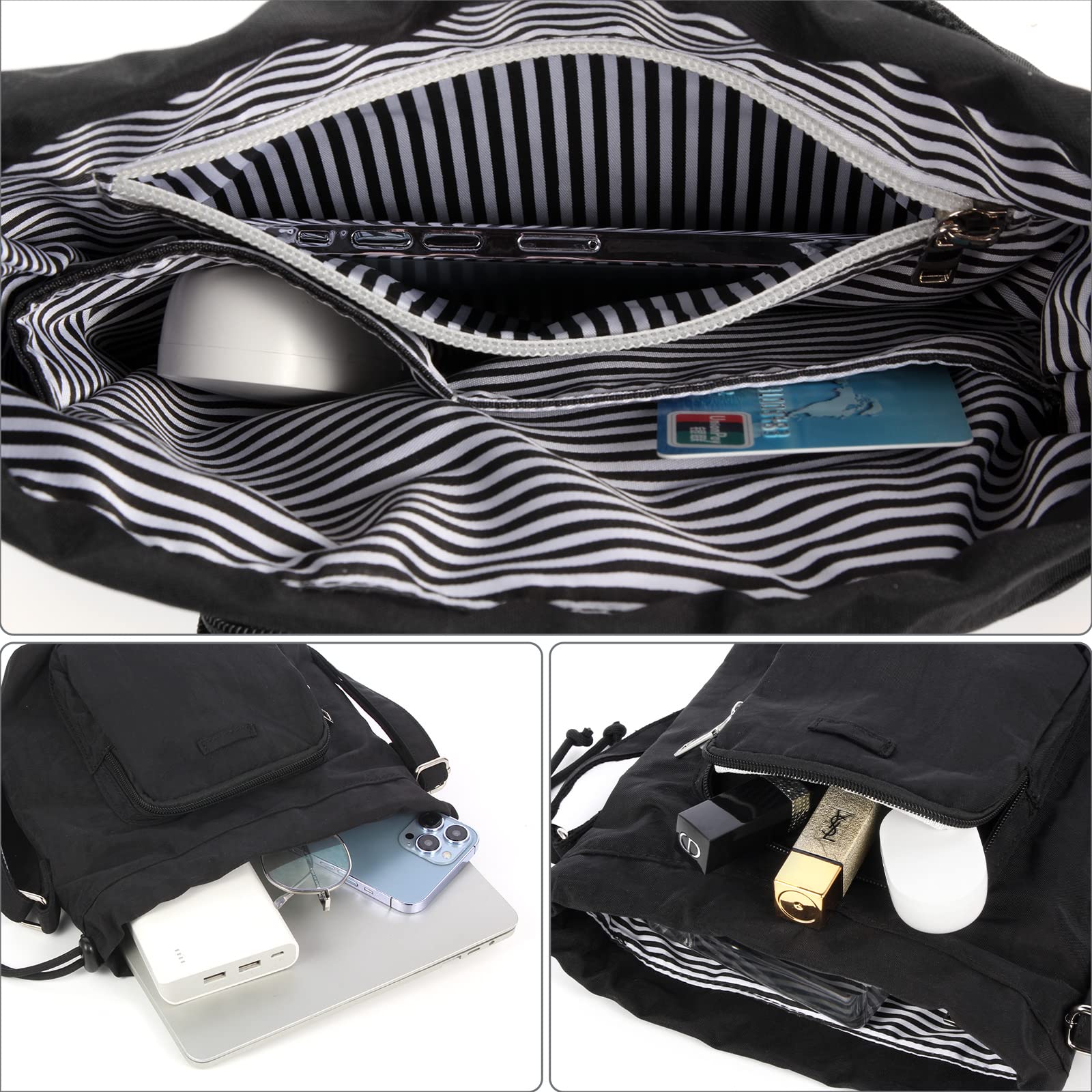Lily queen Small Drawstring Crossbody Bag for Women Nylon Bucket Purse Lightweight Black