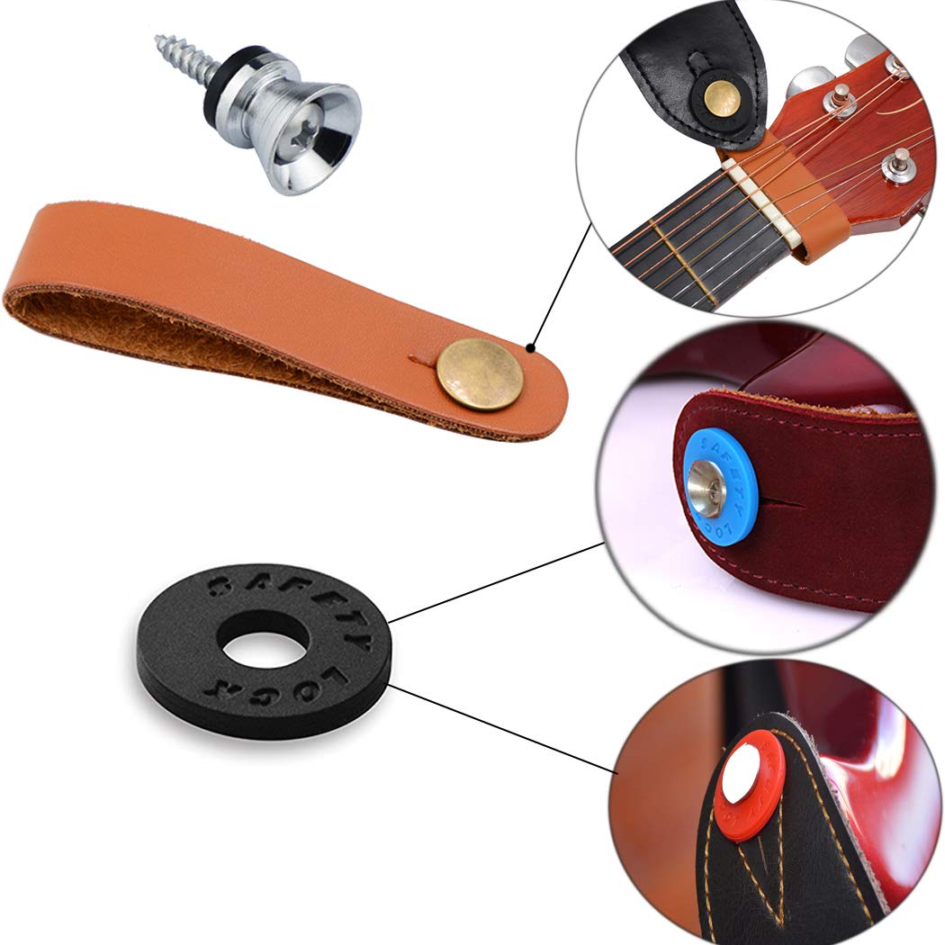Guitar Neck Strap Leather Headstock strap Guitar Straps Lock Button Rubber Acoustic Electric Strap Blocks Accessories (Brown)