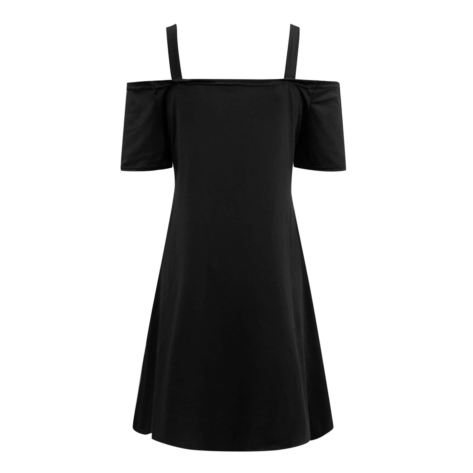 Keepfit Mini Dress for Women Short Sleeve Cold Shoulder Summer Dress Hoop Splicing Straps A-Line Pleated Dress Black