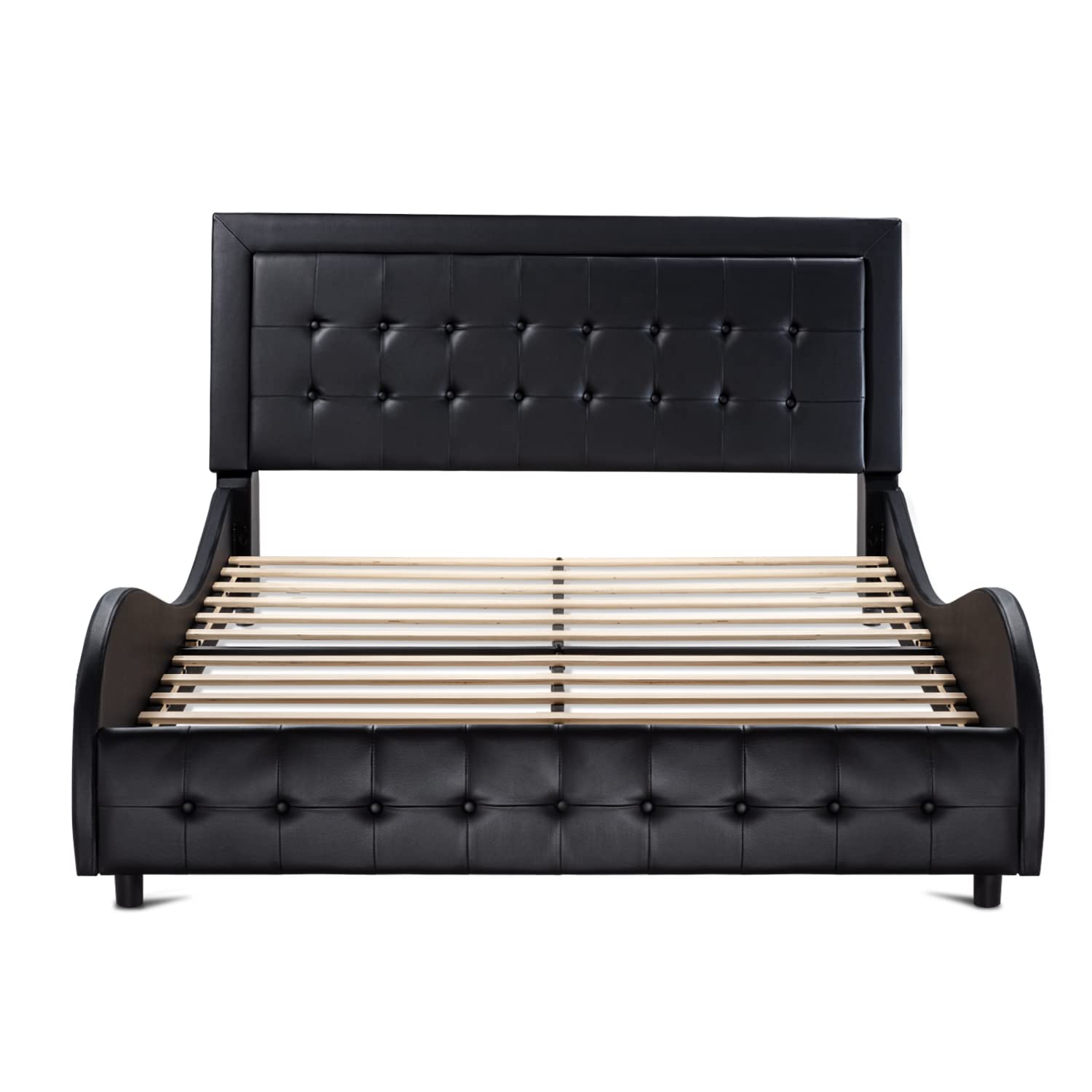 HOOMIC Queen Size Platform Bed Frame with Adjustable Headboard, Upholstered Bed, Mattress Foundation, Wood Slat Support, No Box Spring Needed, Easy Assembly, Black