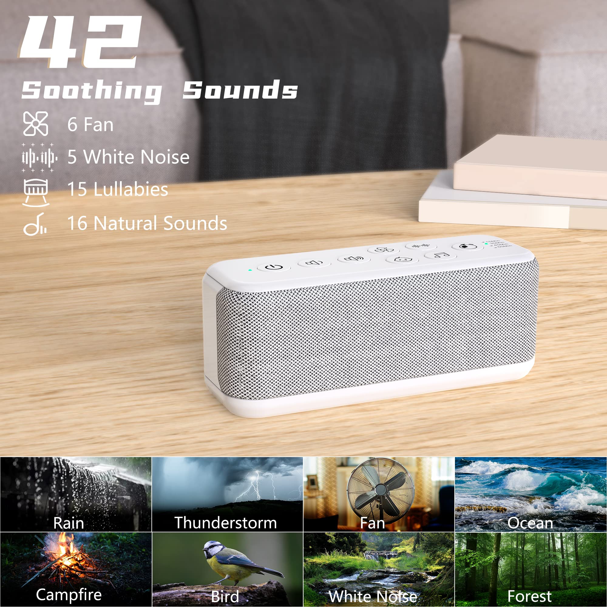 White Noise Sound Machine for Sleeping Baby Adults Kids-Portable Sleep Sound Therapy Machine, USB Rechargeable, 42 Soothing Sounds, Auto-Off Timer, 8 Volume Control & AC Adapter Included for Office