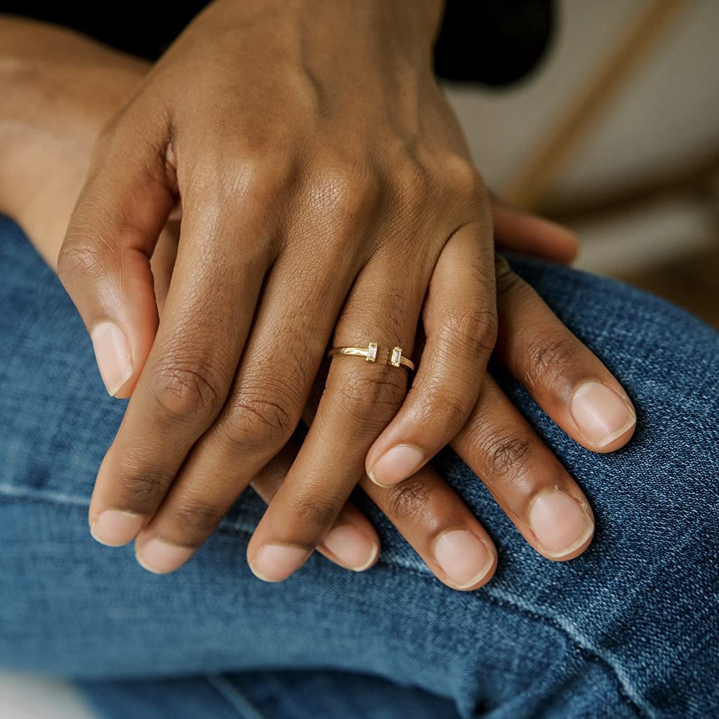 Honeycat Dainty Stevie Crystal Baguette Open/Adjustable Ring in Gold, Rose Gold, or Silver | Minimalist, Delicate Jewelry (Silver)