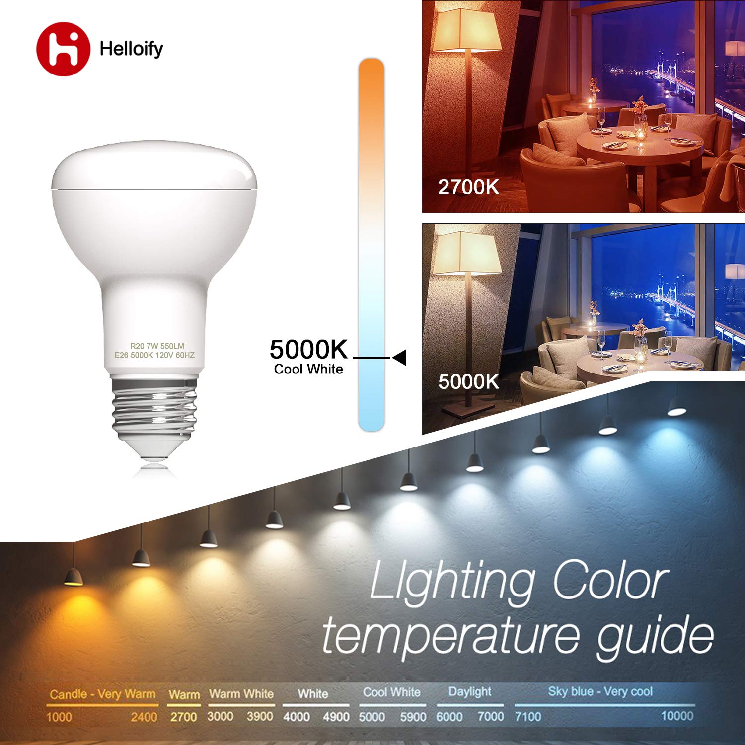 helloify Dimmable R20/BR20 LED Flood Light Bulb, 7W, 50W Equivalent, 5000K Daylight White, 600lm Each, Energy Saving Lamp for Office/Home, E26 Screw Base, 6 Count (Pack of 1)