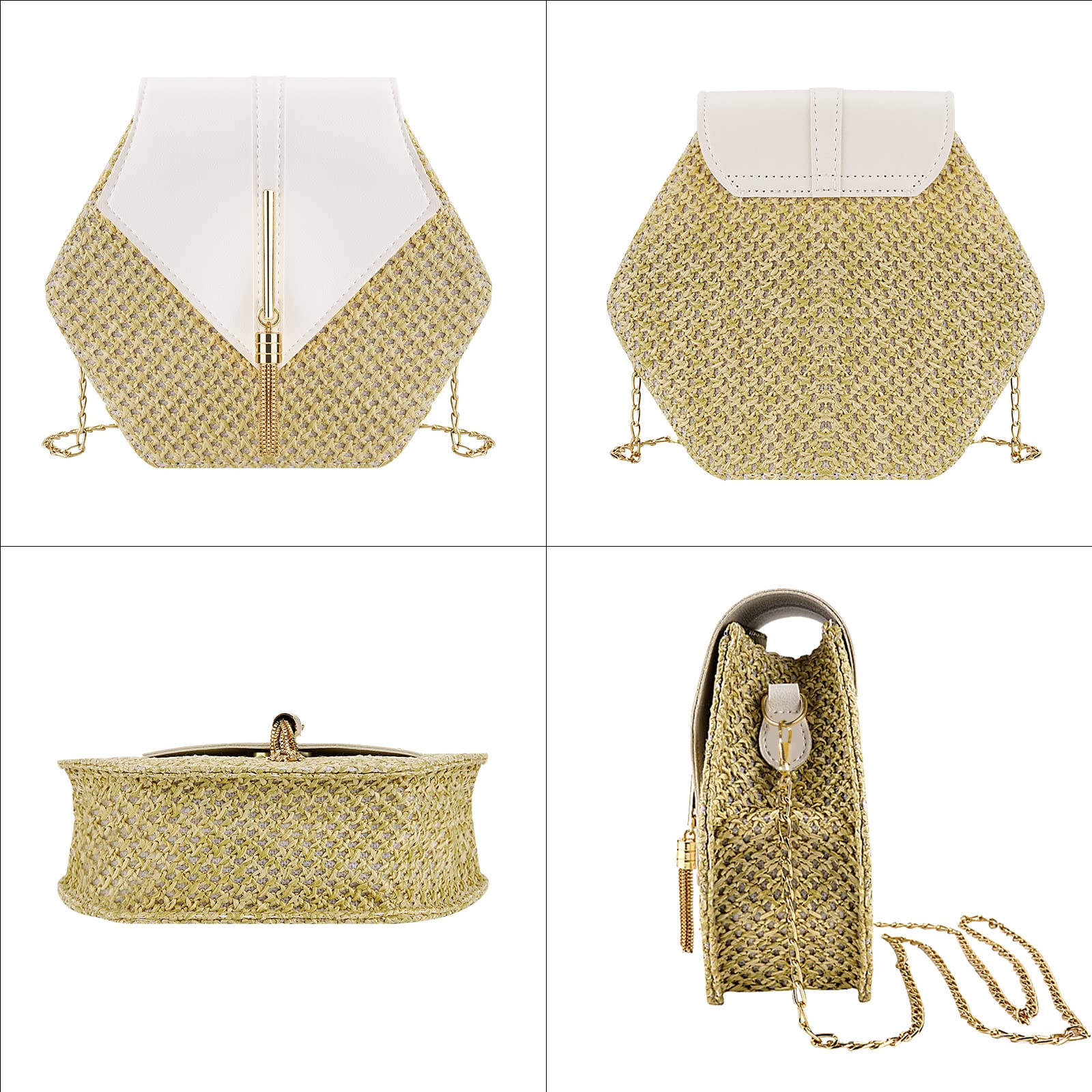 Linkidea Straw Shoulder Bag for Women Beach, Cute Woven Crossbody Bag, Summer Travel Straw Purse Handbag (White)