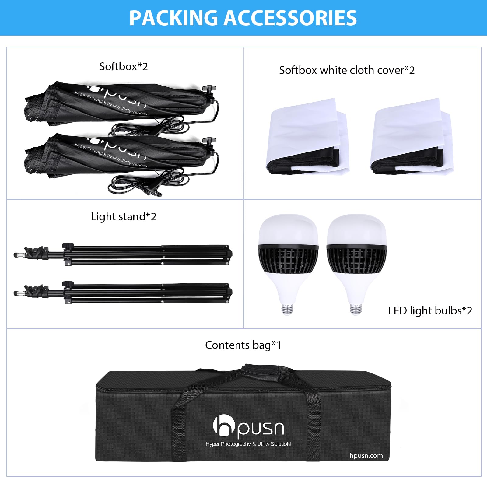 HPUSN Softbox Lighting Kit 2x76x76cm Professional Continuous Studio Photography Photo Studio Equipment with 2pcs E27 Socket 85W 6500K LED Bulbs for Portrait and Product Shooting