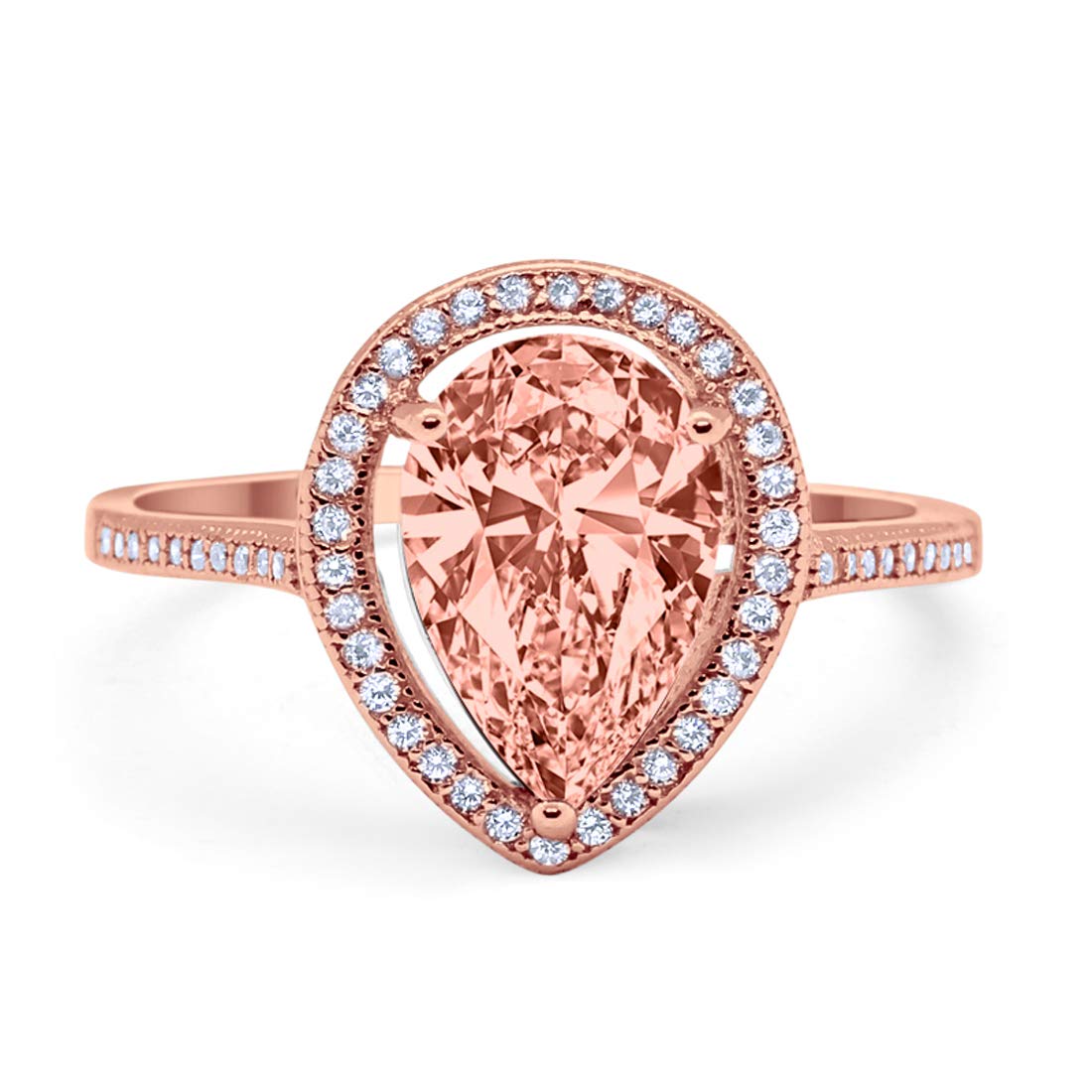 Halo Teardrop Pear Simulated Morganite Bridal Ring Rose Tone Plated 925 Sterling Silver, Size-6