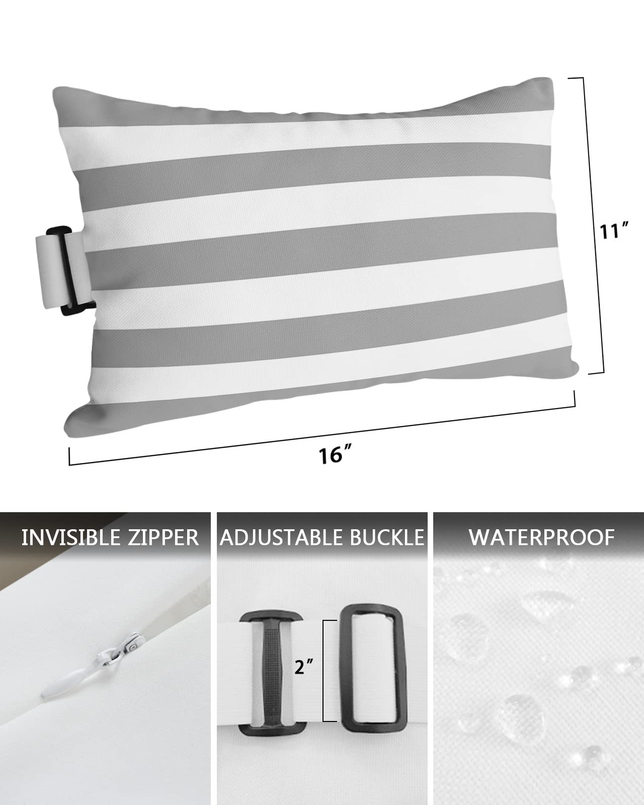T&H XHome Outdoor Pillow for Chaise Lounge Chair, Gray and White Stripe Waterproof Headrest Pillow Lumbar Pillows with Adjustable Elastic Strap for Beach, Poolside, Patio, Office (2 Pack)