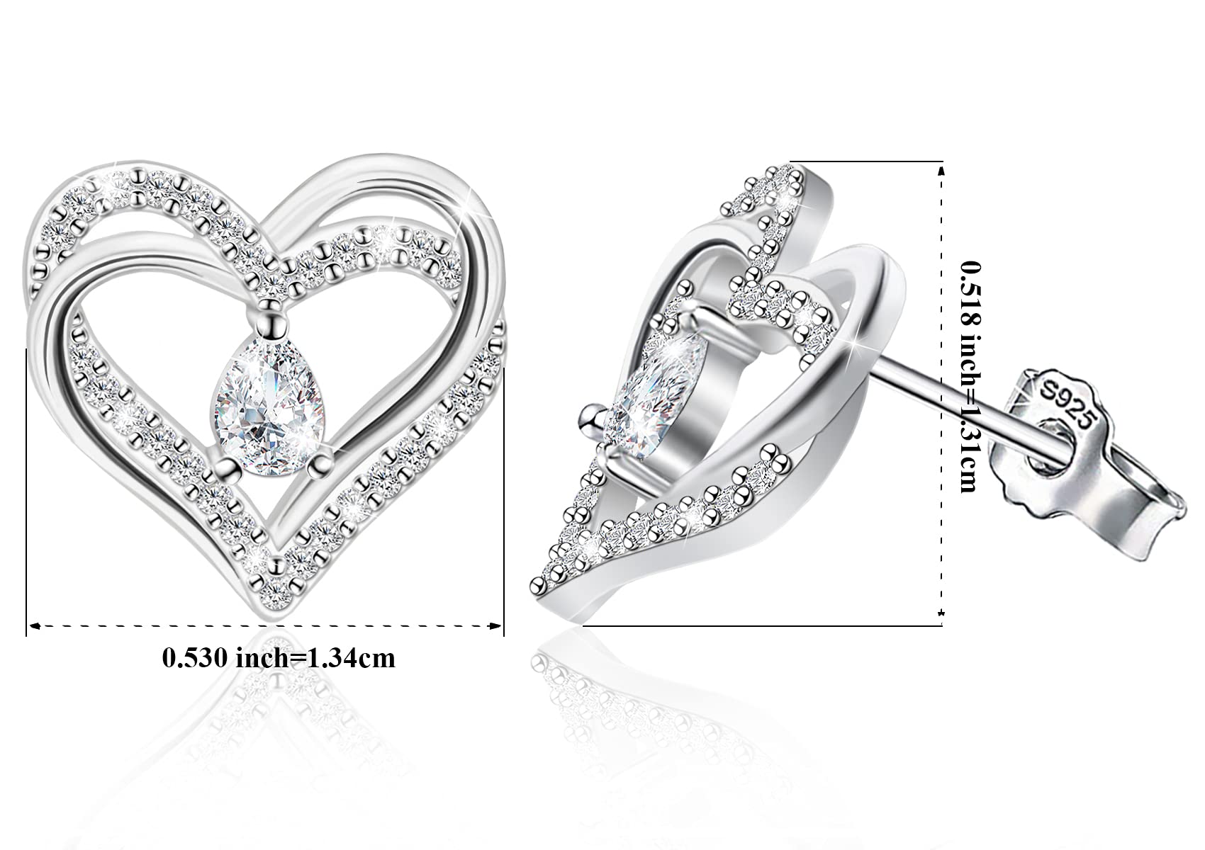 Heart Stud Earrings for Women - Sterlings Silver Hypoallergenic Cubic Zirconia Double Heart Shaped Earrings Gift for Mom Her Wife Lady,White