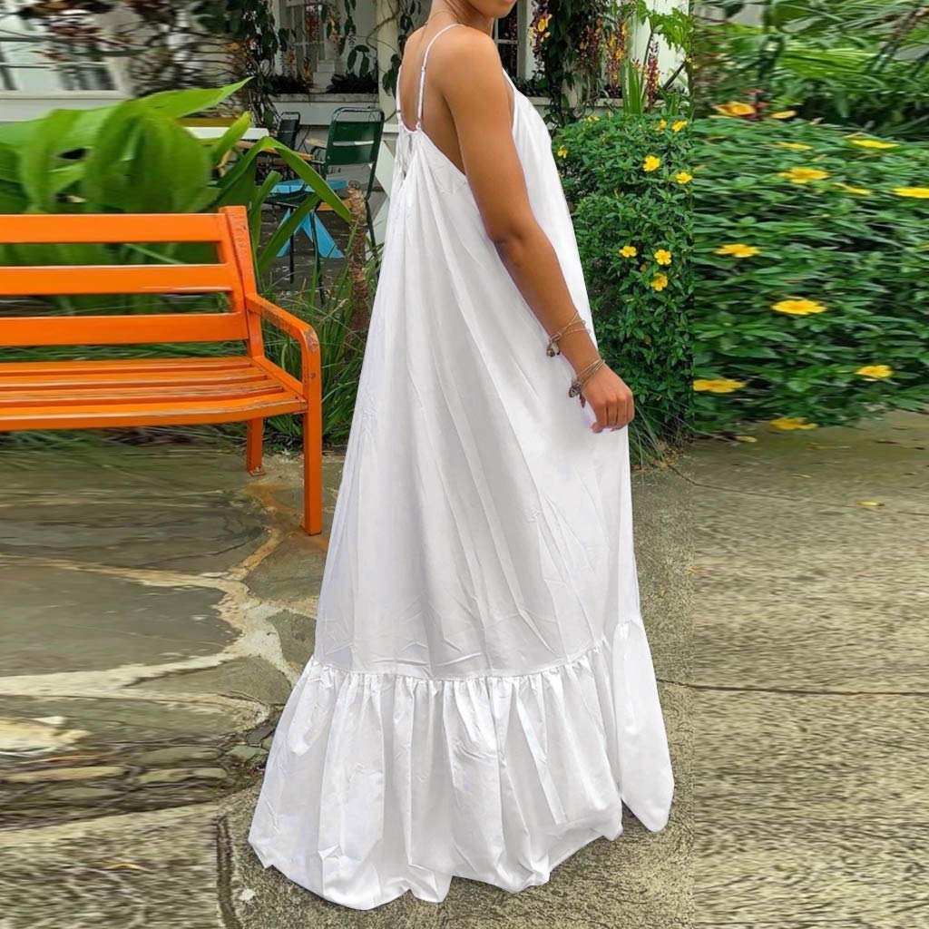 Keepfit Women Maxi Dress Trendy Spaghetti Straps Sling Dress Summer Ruffle Backless Solid Swing Dress White