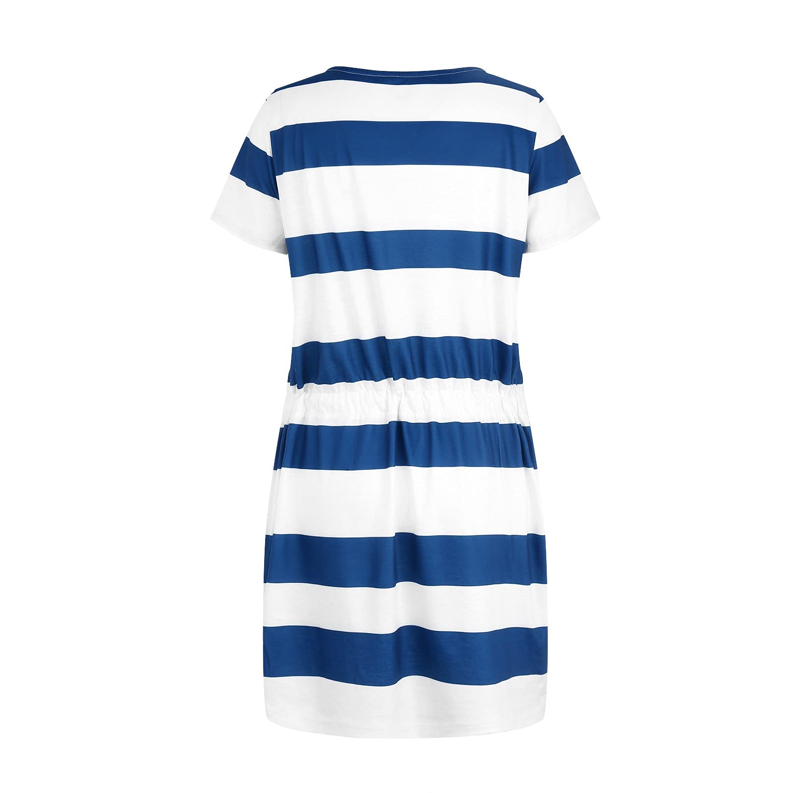 Keepfit Women V Neck Short Sleeve Mini Dress Striped Printed Pockets Drawstring Casual Loose Dress Navy