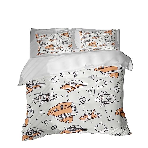 RPXPV 3 Piece Bed Set Mini Line Cartoon Spaceship Men and Women Comforters, Soft and Comfortable Skin-Friendly and Breathable Quilt Cover for Hotel86x94in(220cmx240cm)