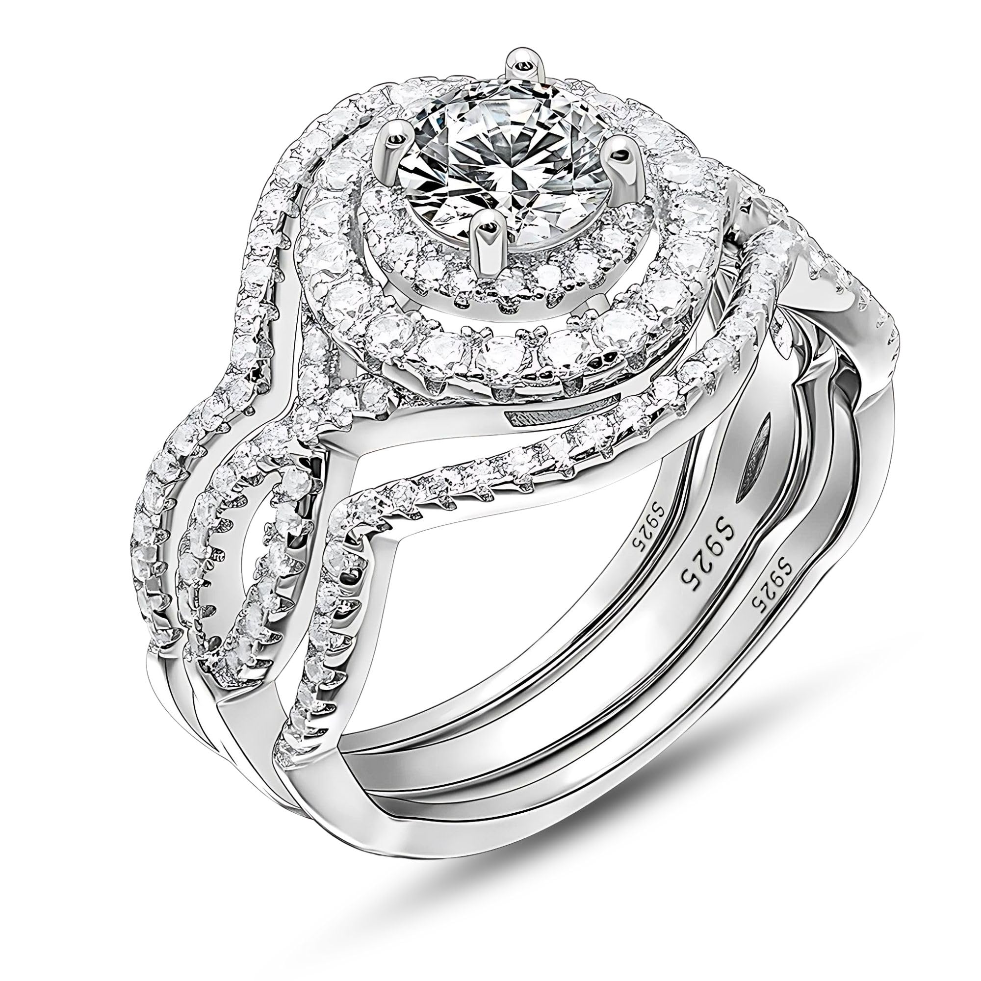 Halo Wedding Ring Set for Women by Ginger Lyne |3 Ring Bridal Set | Sterling Silver Engagement Ring Two Matching Anniversary Bands | Cubic Zirconia Promise Rings for Her