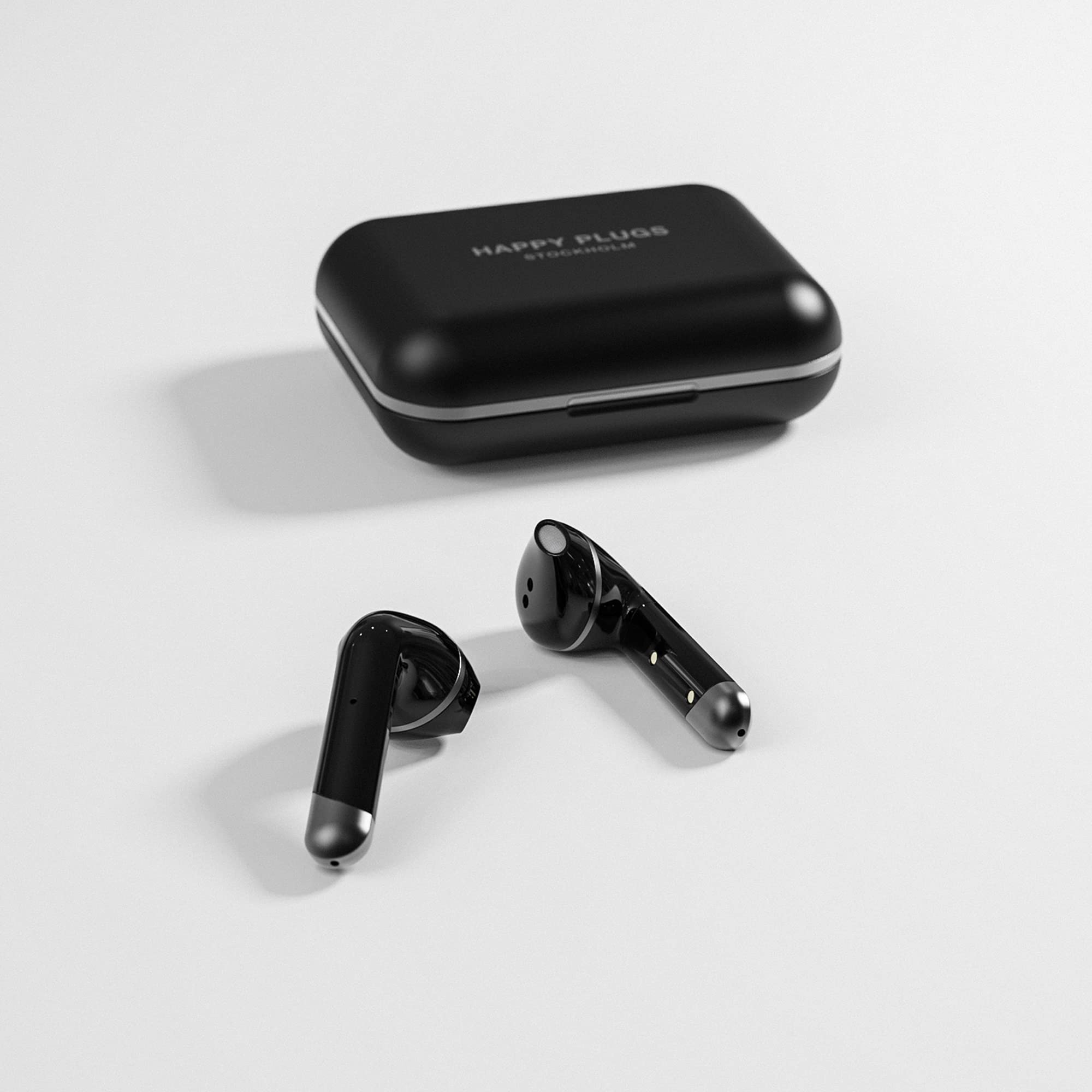 Happy Plugs Air 1 Plus – Luxury Wireless Earbuds – Design Bluetooth Headphones with Charging Case and Built-in Microphones – Up to 40 Hours Playtime – Black