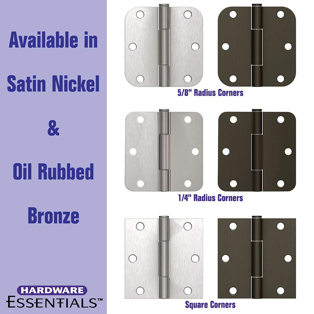 Hardware Essentials 854323 Smooth Corner Squeak-Proof Door Hinges, 3-1/2 inch, 3-1/2", Satin Nickel, 3 Pieces