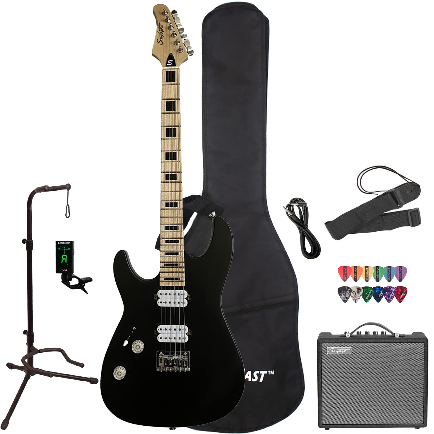 GoDpsMusic 6 String Sawtooth ST-M24 Electric Guitar Player's Pack, Left Handed Satin Black (ST-M24-LH-SBK-PLAY)