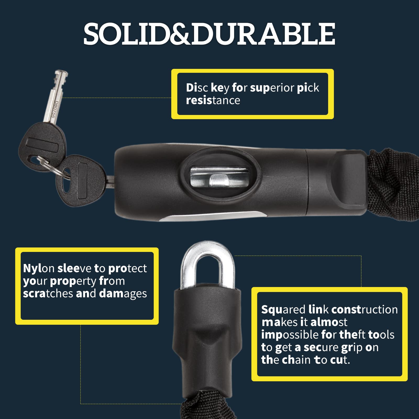 Heavy Duty Chain Lock, 6mm Thick Chain x 3 Feet Bike Lock with Keys, Anti-Theft Bicycle Chain Locks for Outside