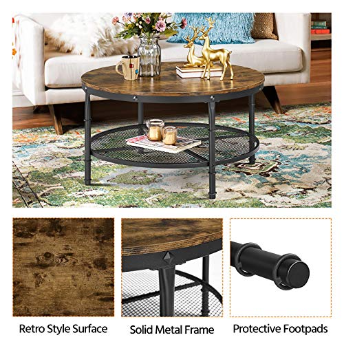 Yaheetech 35.5 inch Round Coffee Table, 2-Tier Rustic Wood Coffee Table for Living Room, Industrial Center Table with Metal Frame and Wood Desktop,Easy Assembly, Rustic Brown