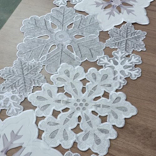 Grelucgo Machine Embroidered and Hand Cut Silver Grey and White Snowflakes Table Runner for Christmas Holiday (13.5 x 34 inches)