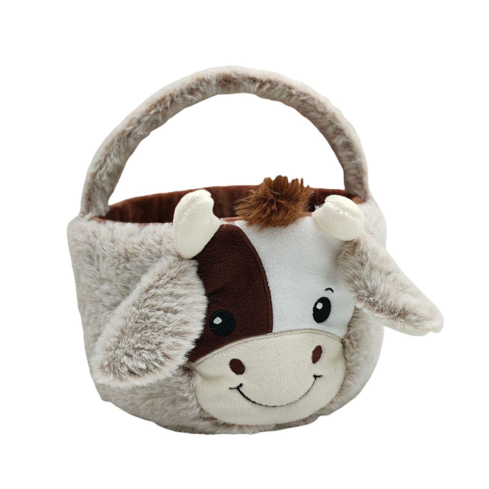 My First Easter Basket for Kids Easter Plush Cow Basket Bags with Plush Ear Easter Eggs Hunting Bag Cute Candy Gifts Storage for Boys Girls (White, 25cm)