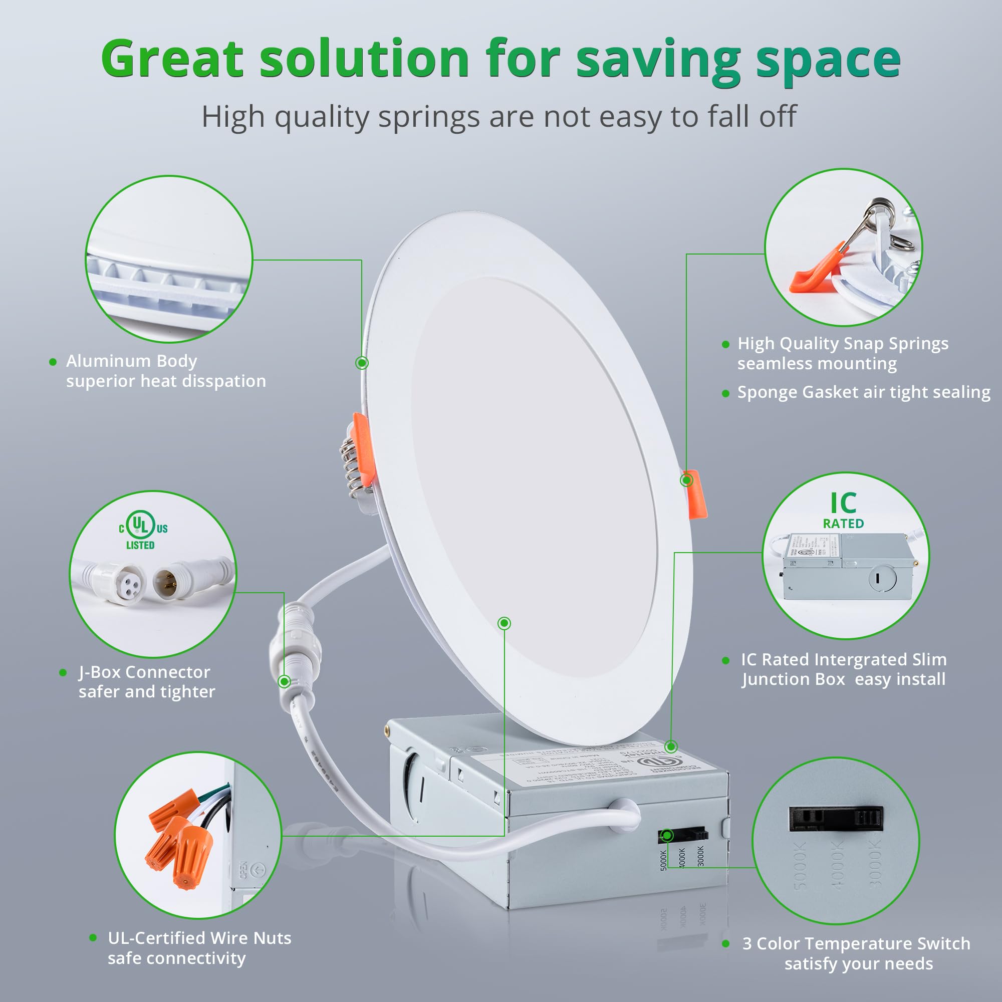 LEDIARY 16 Pack 3CCT LED Recessed Lighting 6 inch, 3000K/4000K/5000K Selectable Recessed Light Fixtures, 1100LM High Brightness, 12W Eqv 110W, Dimmable Can Lights with Junction Box - IC Rated, ETL