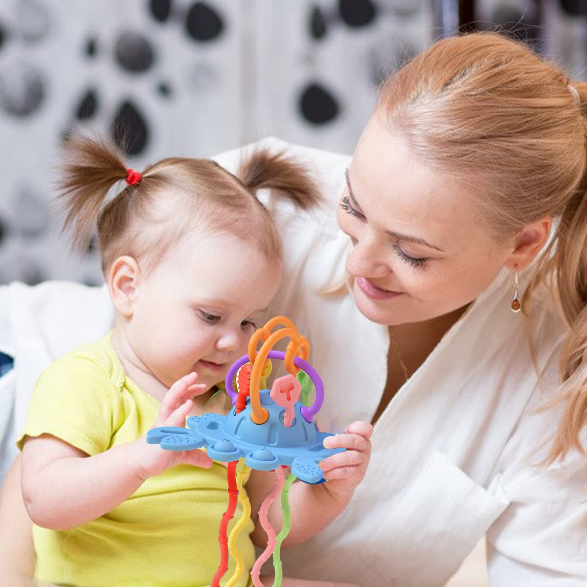 KOESMG Baby Silicone Pull String Activity Toys with Press Dimple, Montessori Sensory Interactive Early Educational Toy for Leaning, Baby Preschool Toys for 18 Months+ Boys or Girls