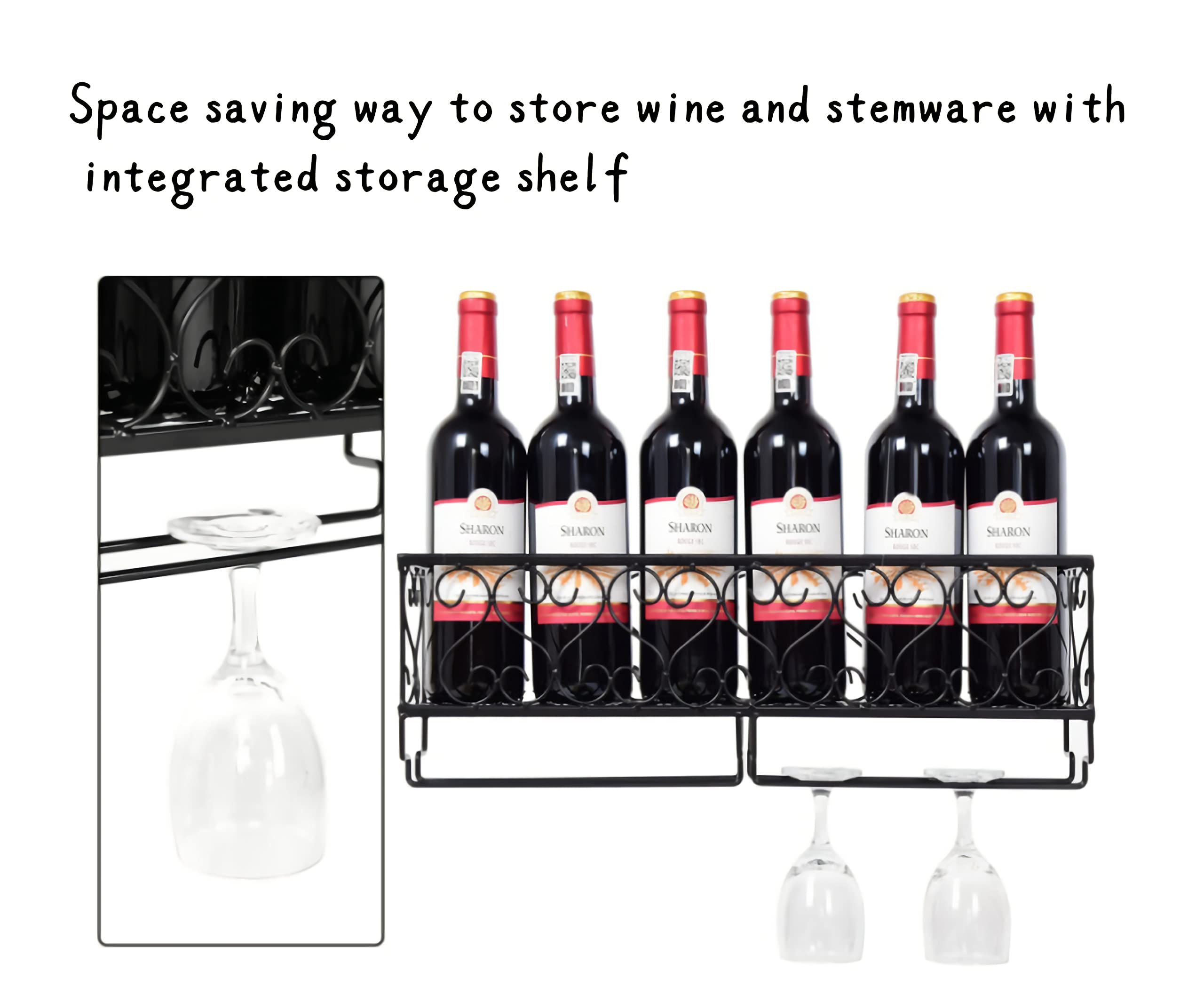 KNC Wall Mounted Wine Rack, Metal Bottle & Glass Holder with Hanging Stemware Glasses, Kitchen,Restaurant Living Room Décor,Storage Rack (Large (50cm/19.68in))