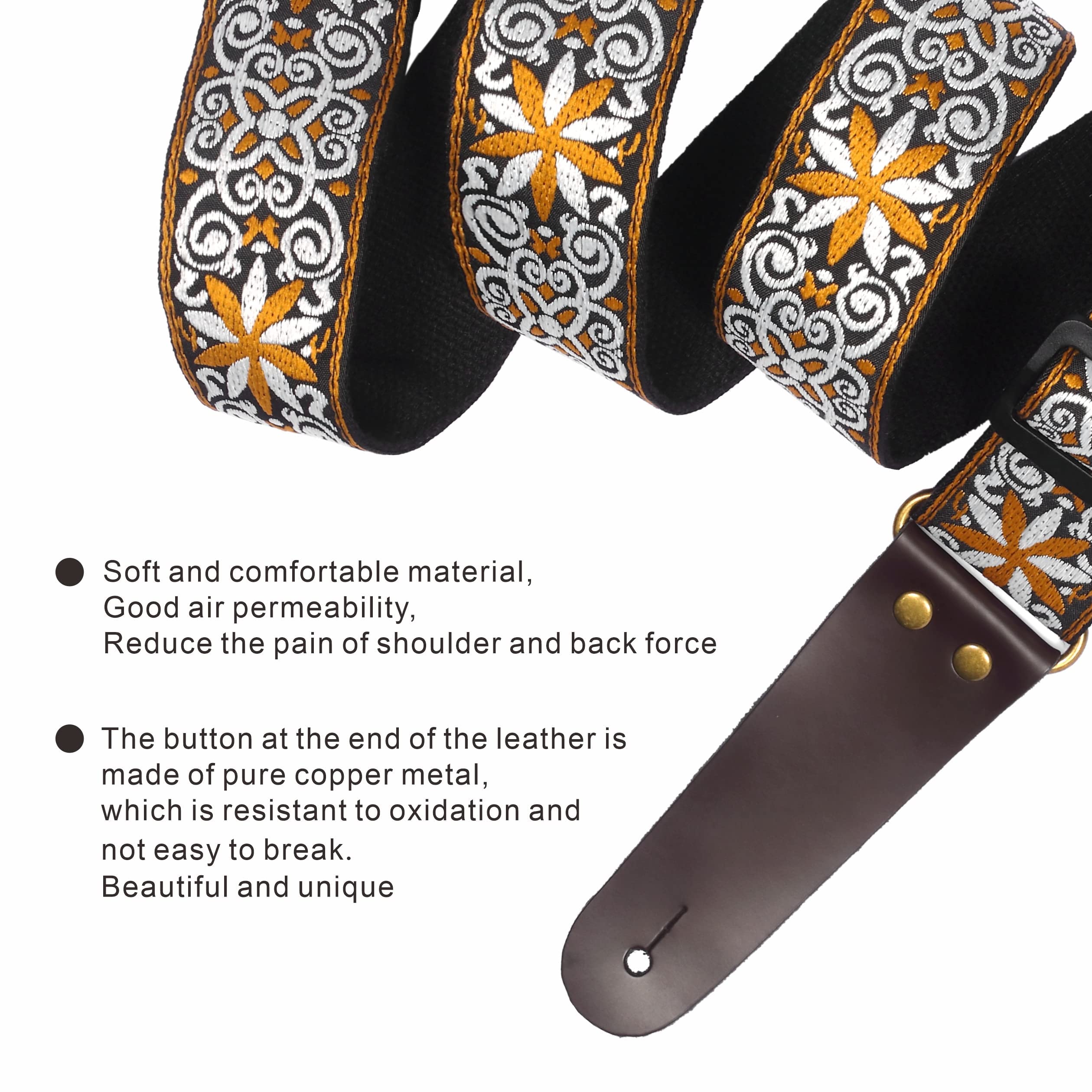 Guitar Strap, Vintage Embroidered Cotton Guitar Straps with Genuine Leather Ends for Bass, Electric & Acoustic Guitars, Come with Free Strap Button, 1 Pair Strap Lock and 4 Guitar Pick (Yellow Flower)