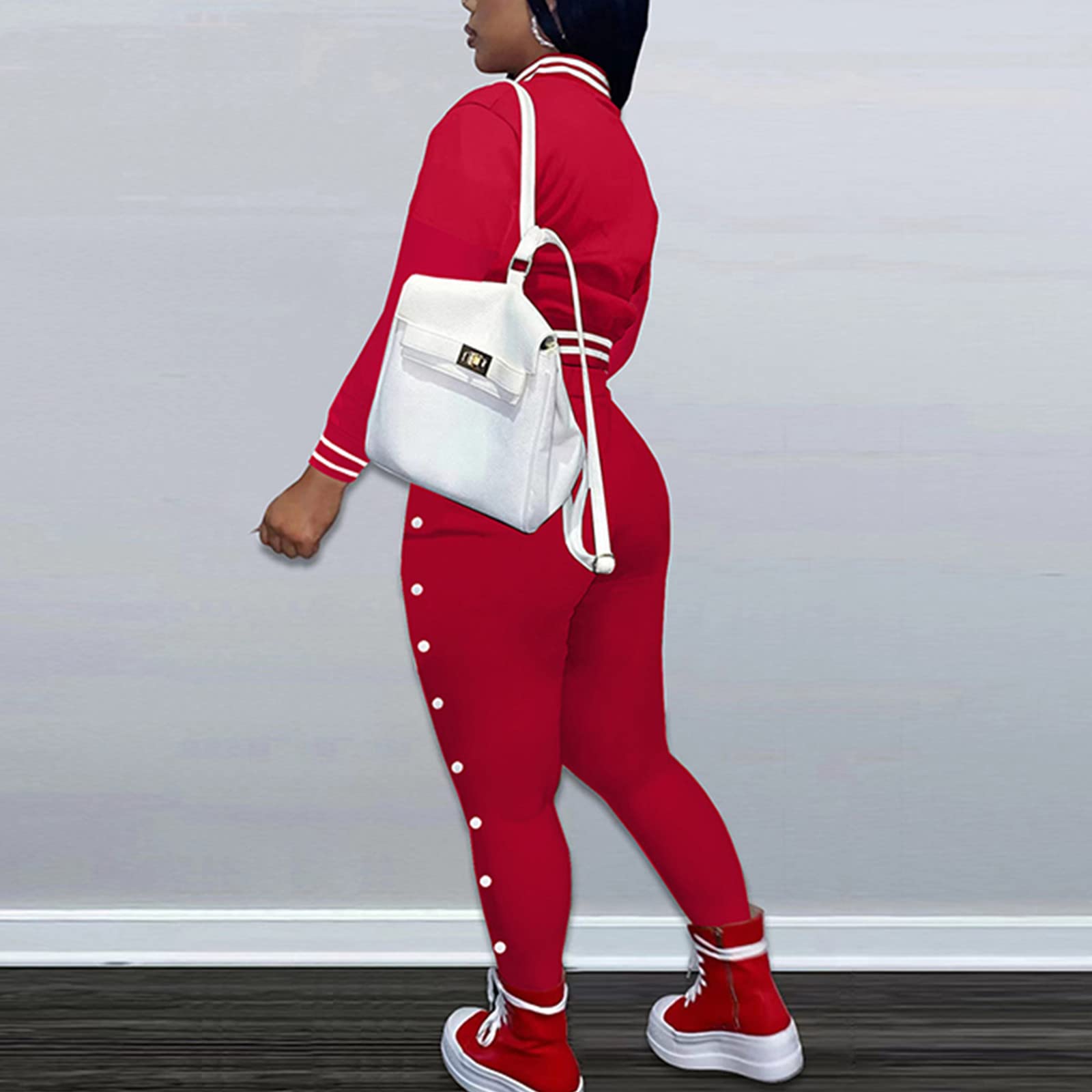 kaimimei Women Casual Varsity Jacket Sweatsuit Solid Color Button Down Jackets Pants 2 Pieces Tracksuit
