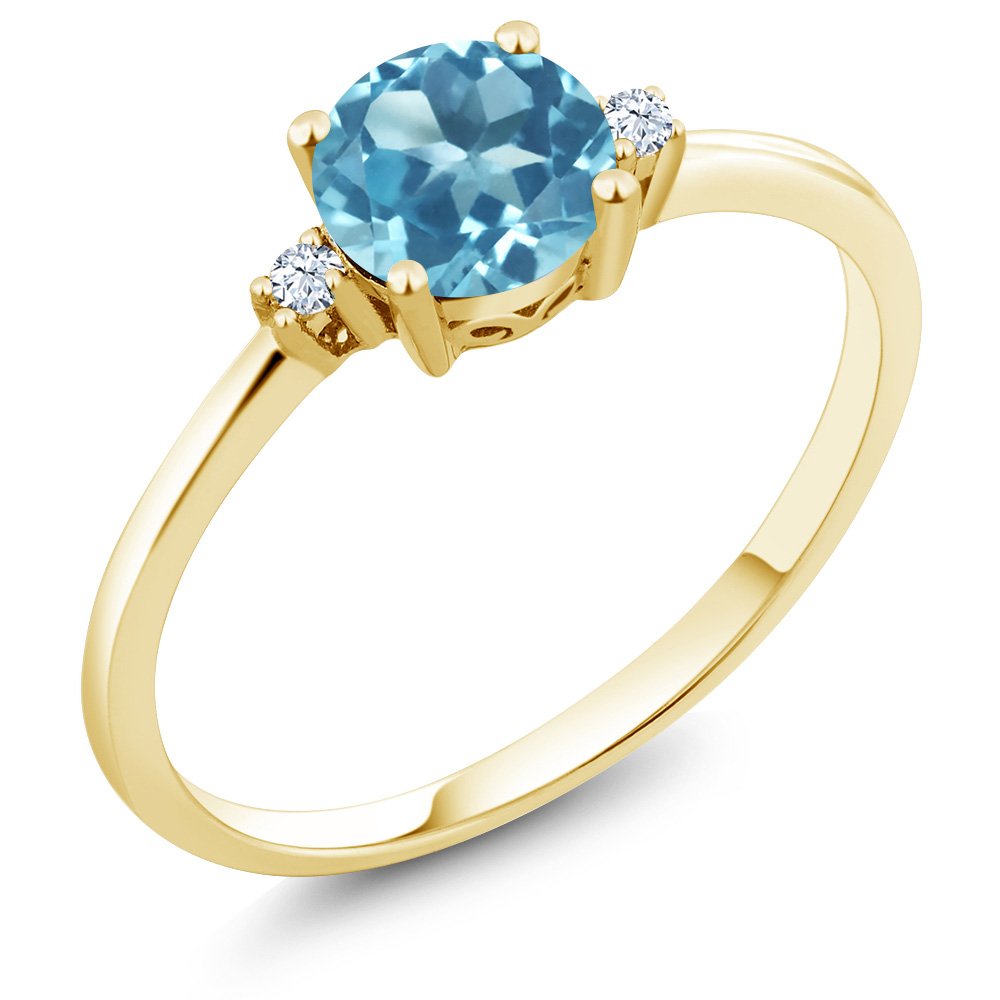 Gem Stone King 10K Yellow Gold Swiss Blue Topaz and White Created Sapphire Solitaire Engagement Ring For Women (0.93 Cttw, Round 6MM, Gemstone November Birthstone, Size 8)