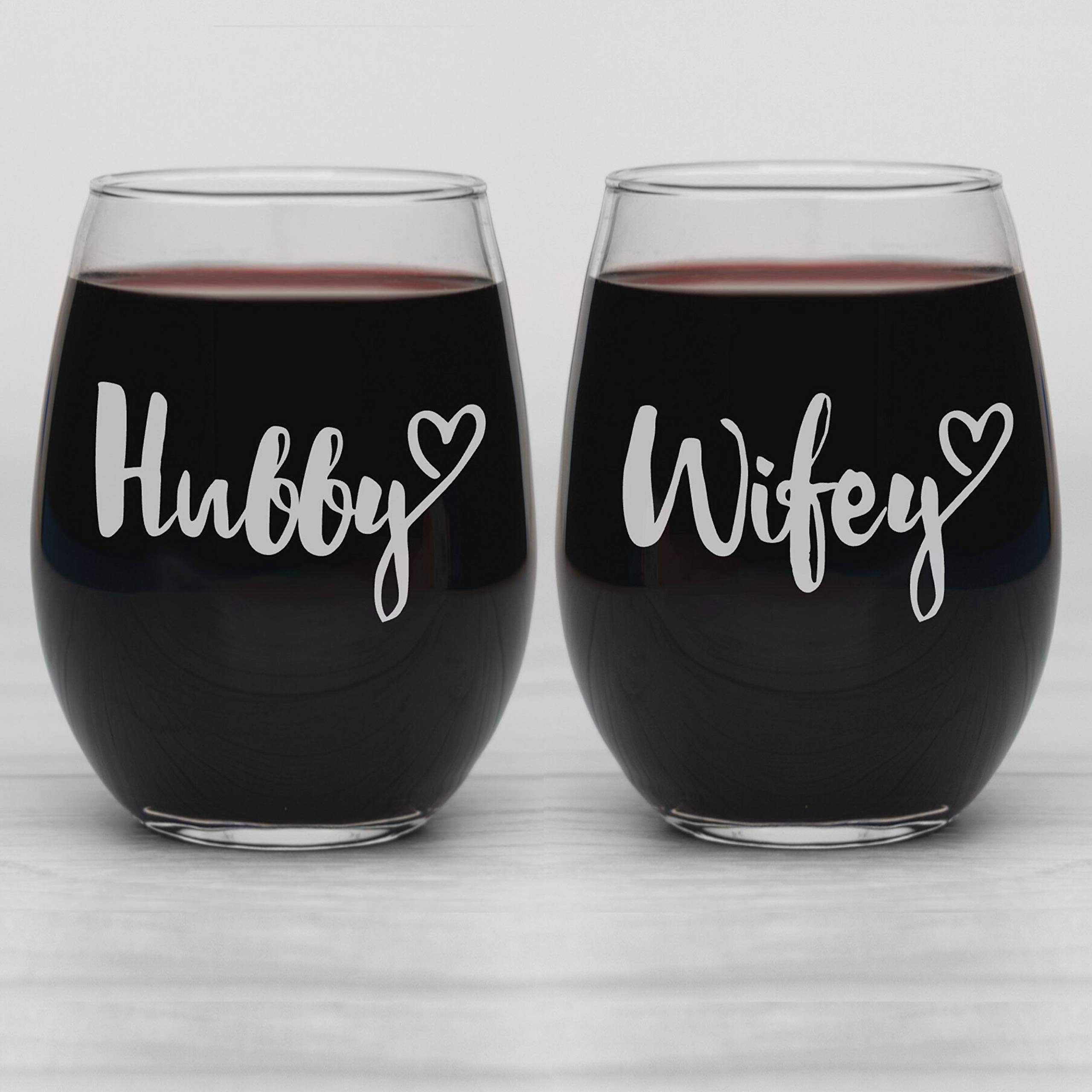 Hubby and Wifey Wine Glasses - Mr and Mrs Wedding Gifts - Engagement Anniversary Gift Couple 20oz