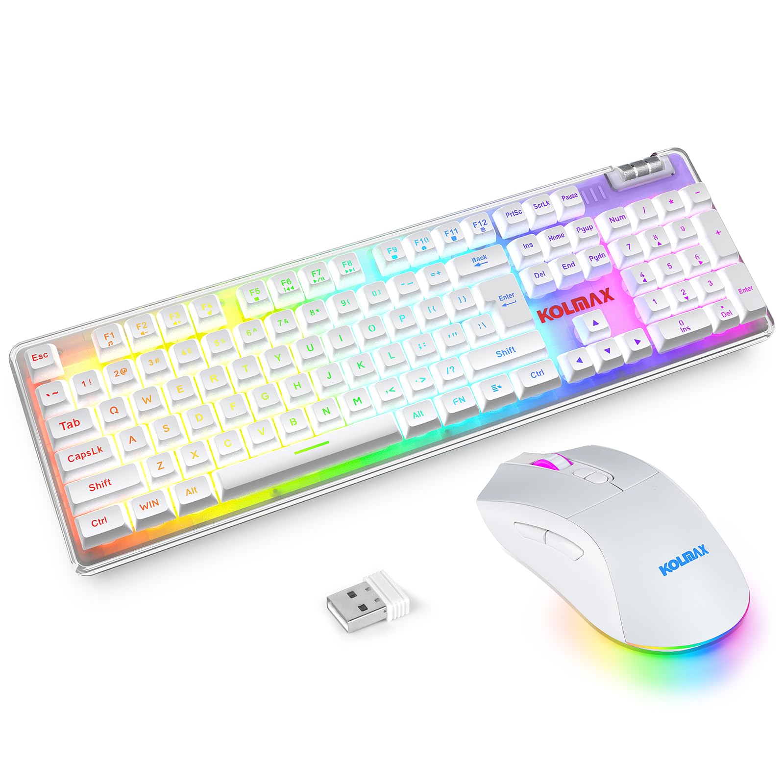 KOLMAX K10 Wireless Gaming Keyboard and Mouse Combo,Rechargeable 2.4G Transparent RGB Backlit Mechanical Feel Keyboard with PBT Keycap,Ergonomic Wireless Office Keyboard Mouse Set for PC Mac Win