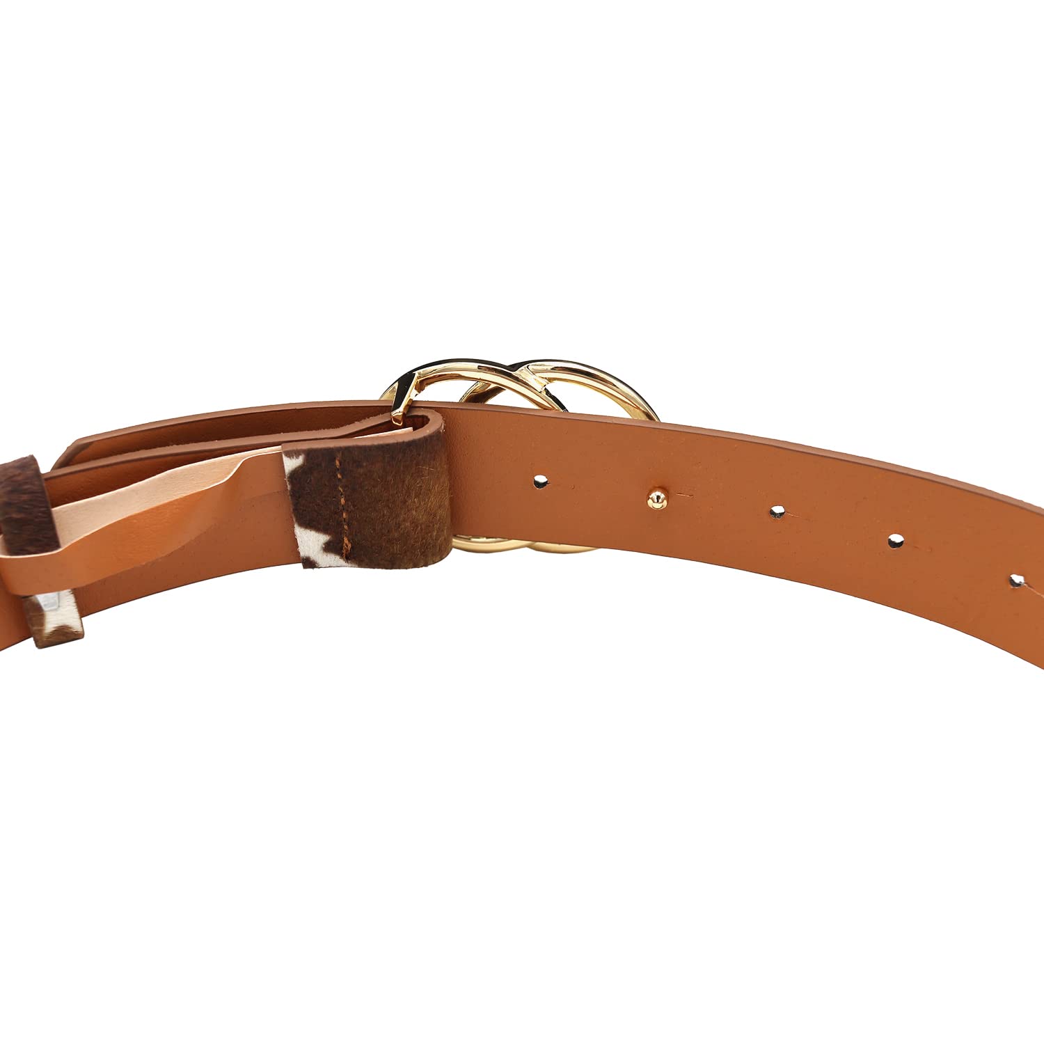 Kathaya Cow Print Leather Belt for Women Double O-Ring Women’s Waist Belt Adjustable Animal Print Belt (Medium, White Brown)