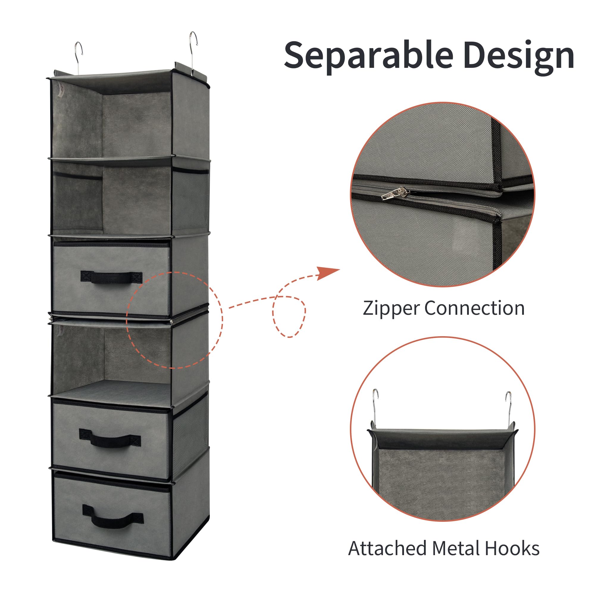 GRANNY SAYS 6-Shelf Hanging Closet Organizer, Separable to 2 Pack 3-Shelf, Closet Organization and Storage with 3 Different Drawers, 4 Side Pockets Wardrobe Clothes Organizer, Gray, 1-Pack