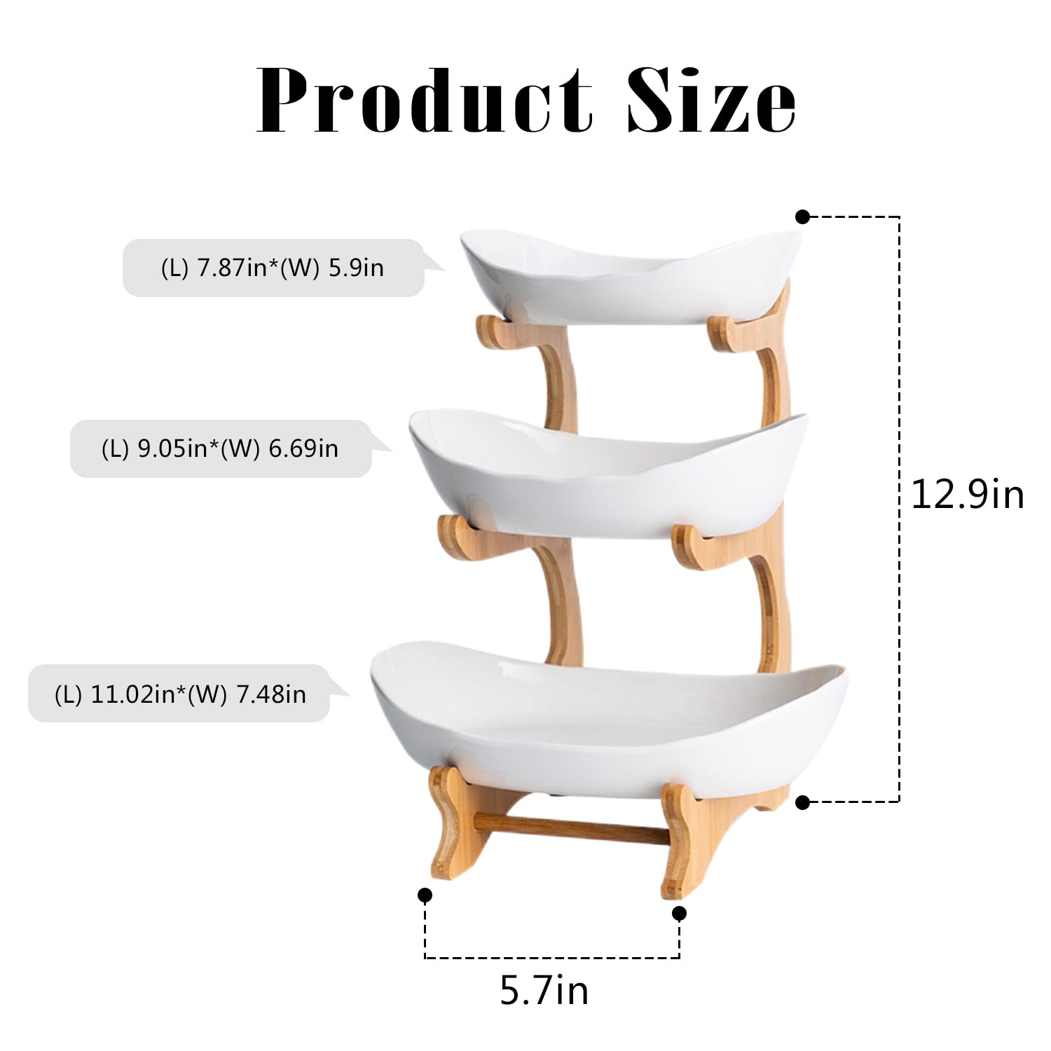 Lmaray Ceramic Fruits Bowls - White 3 Tier Oval Bowl Set with Natural Bamboo Rack, Tiered Ceramic Serving Tray Set for Sushi, Dessert, Fruit, Vegetables, Appetizer, Cake, Candy, Chip Dip (White)